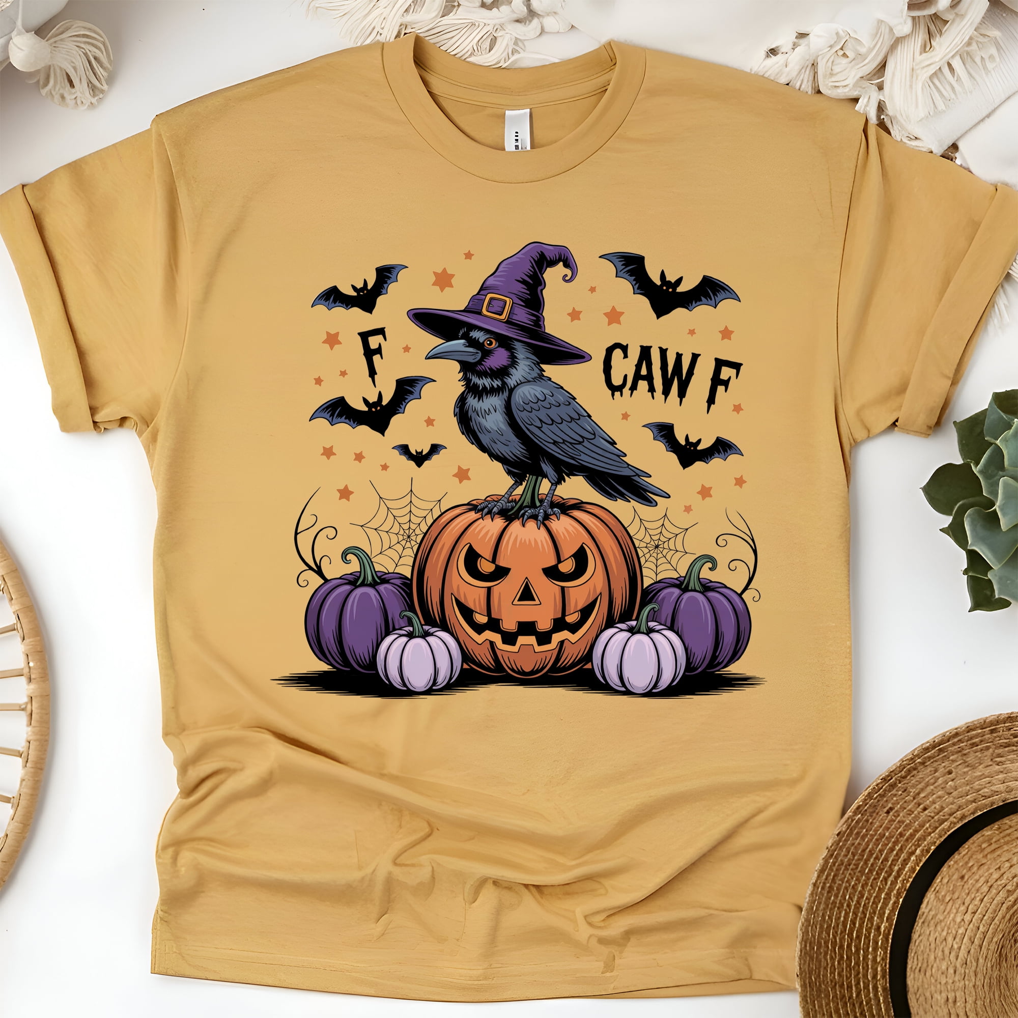 Funny Crow Halloween Shirt | F Caw F Raven on Pumpkin Graphic Tee, Gold ...