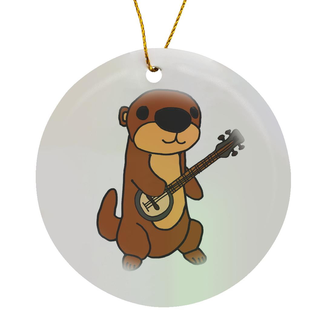 Funny Cute Baby Sea Otter Playing Banjo Cartoon, Circle Porcelain ...