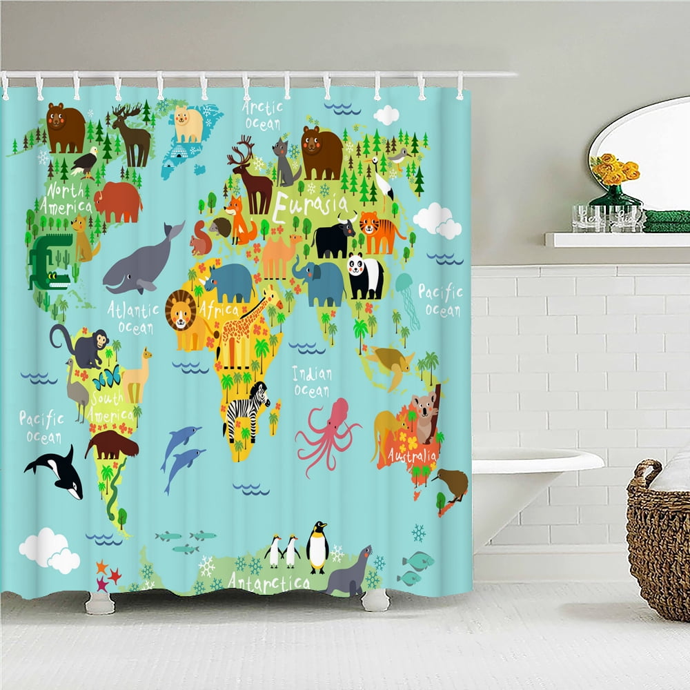 Funny Cute Cartoon Map of Animals Shower Curtains Bathroom Bathtub ...
