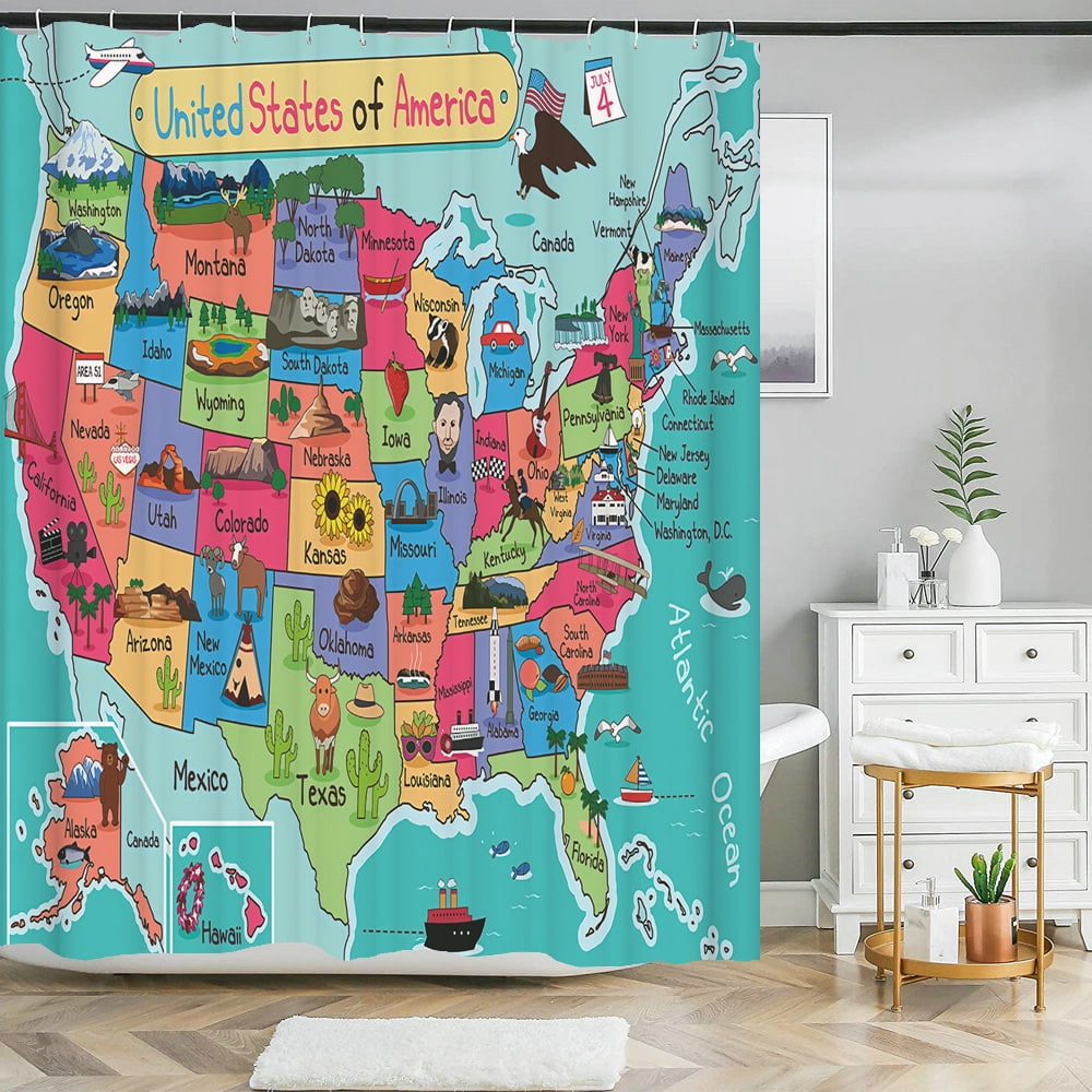 Funny Cute Cartoon Map of Animals Shower Curtains Bathroom Bathtub ...