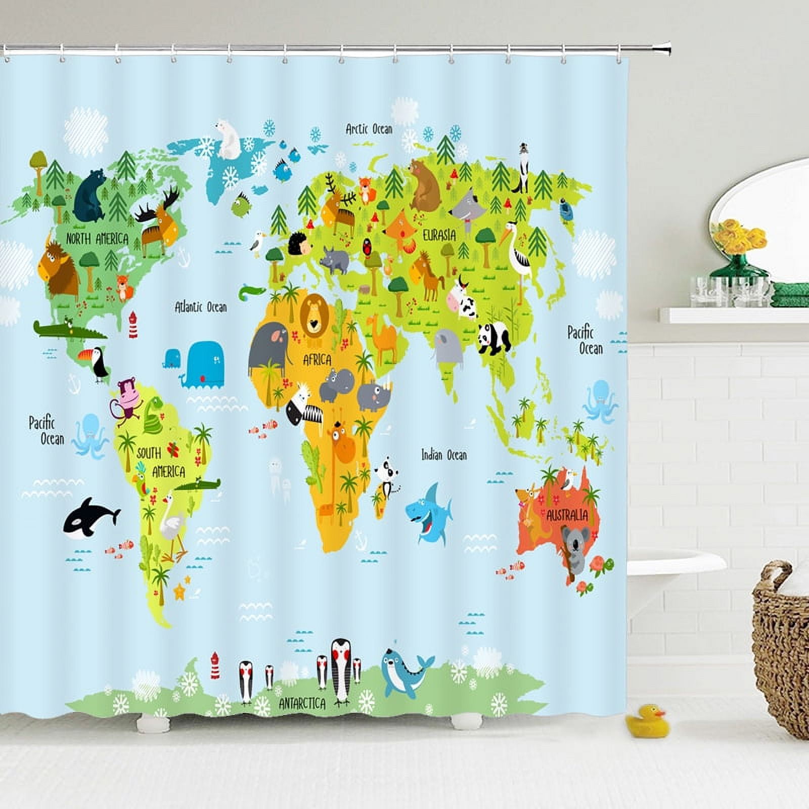 Funny Cute Cartoon Map of Animals Shower Curtains Bathroom Bathtub ...