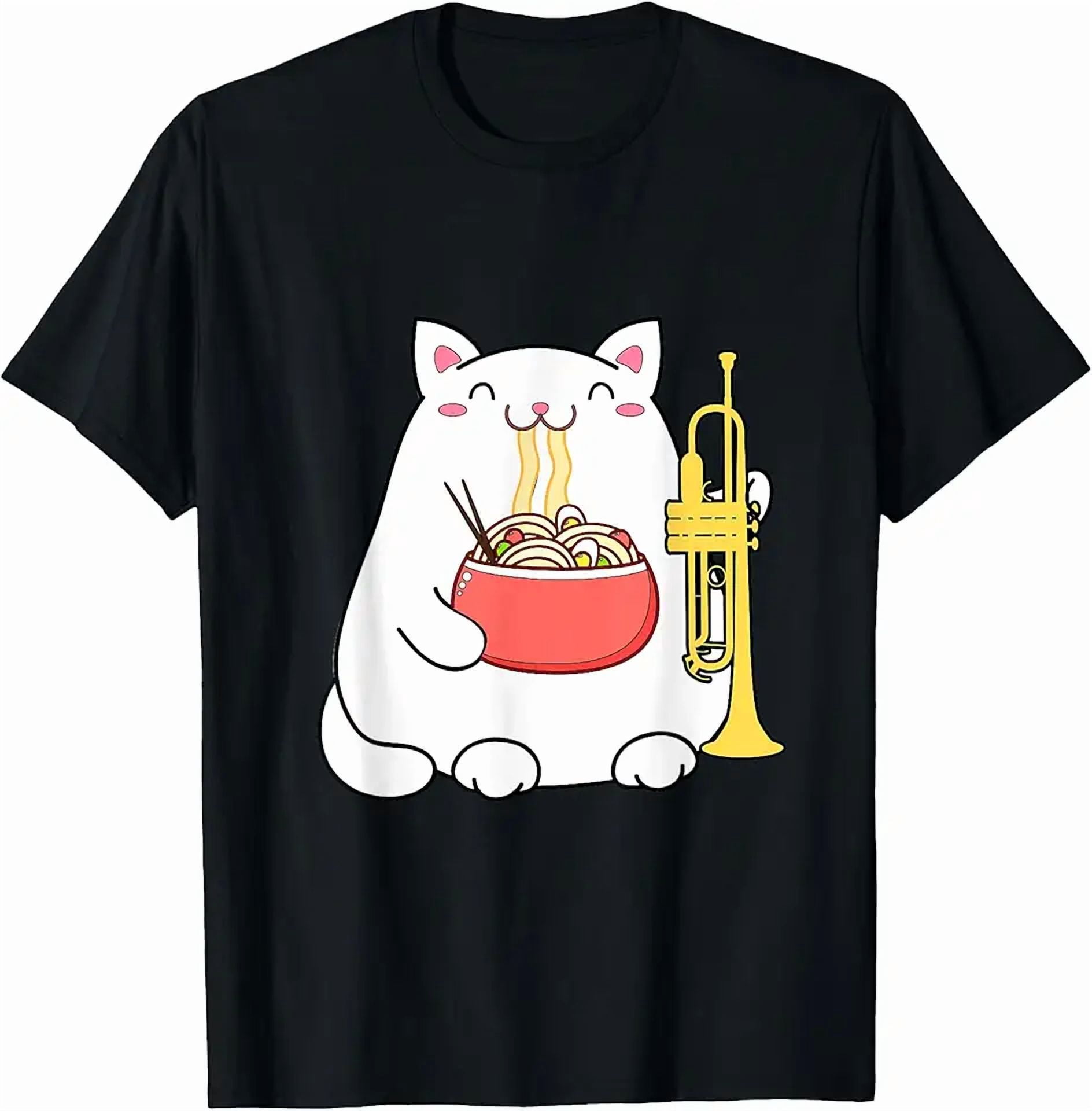 Funny Cute Cat Eating Ramen Trumpet Player Men Women Short Sleeve T ...