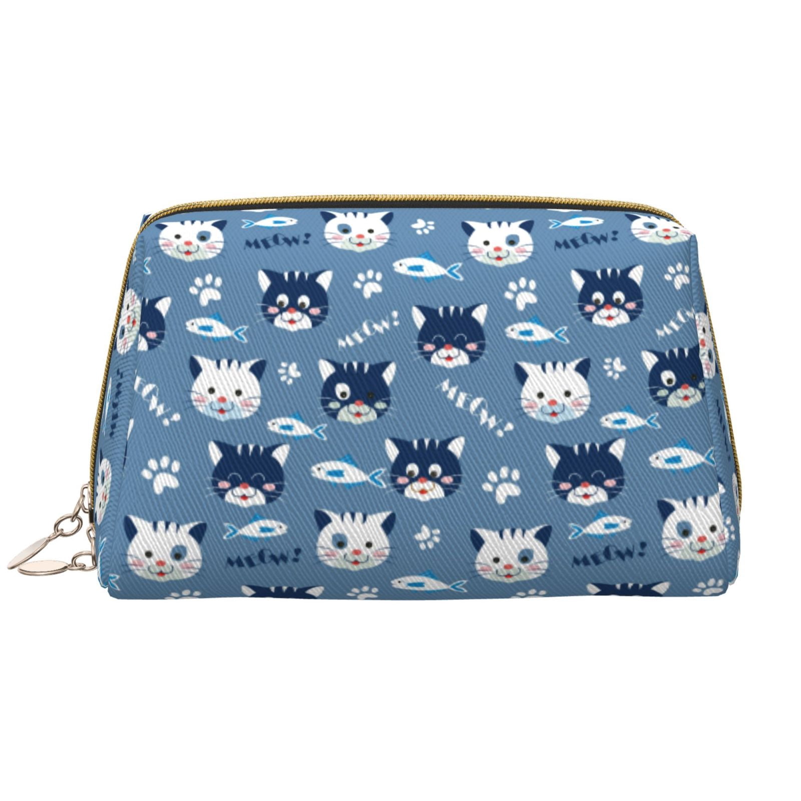 Funny Cute Cat Face Fish Makeup Bag, Leather Waterproof Travel Toiletry ...