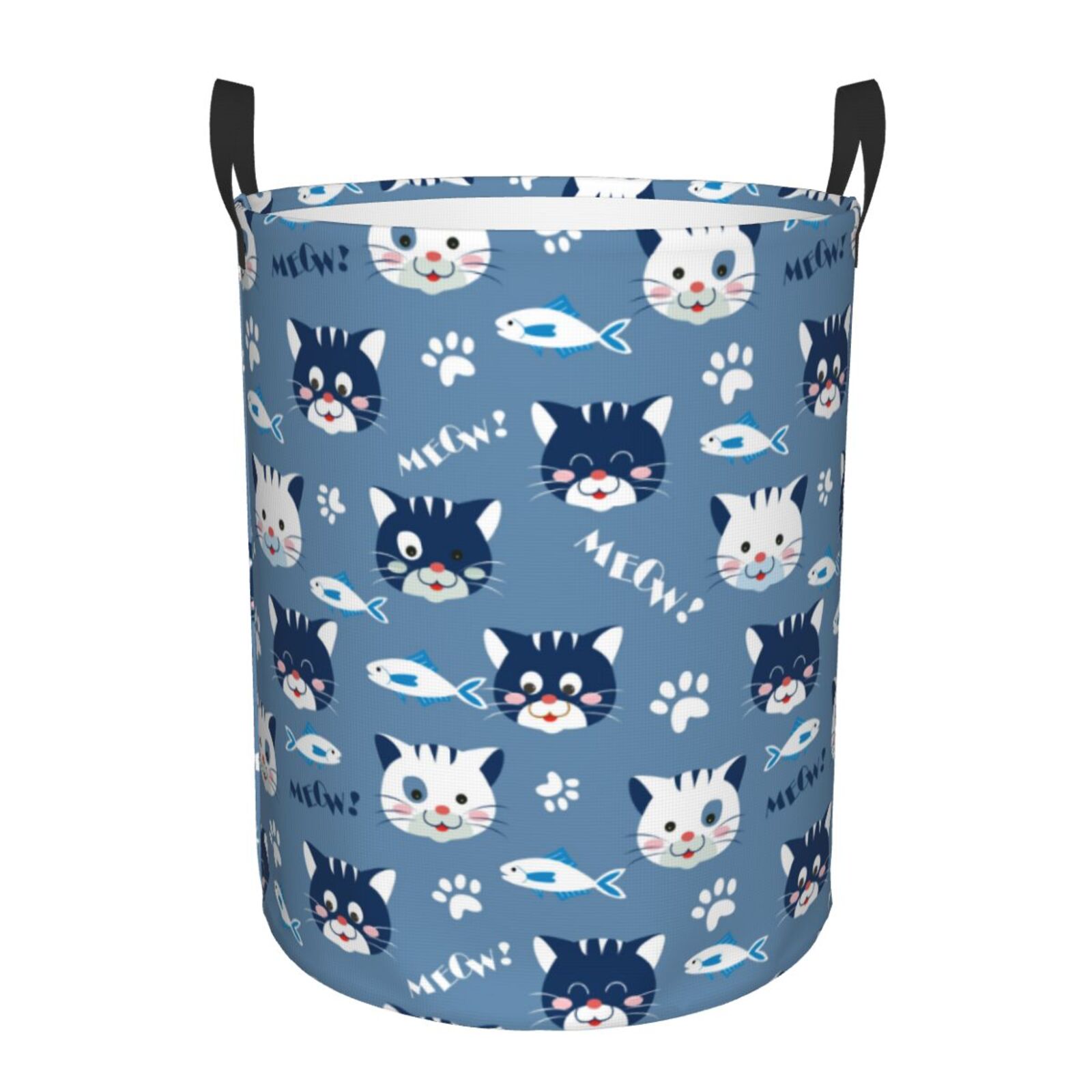 Funny Cute Cat Face Fish Round Laundry Basket, Laundry Hamper with ...