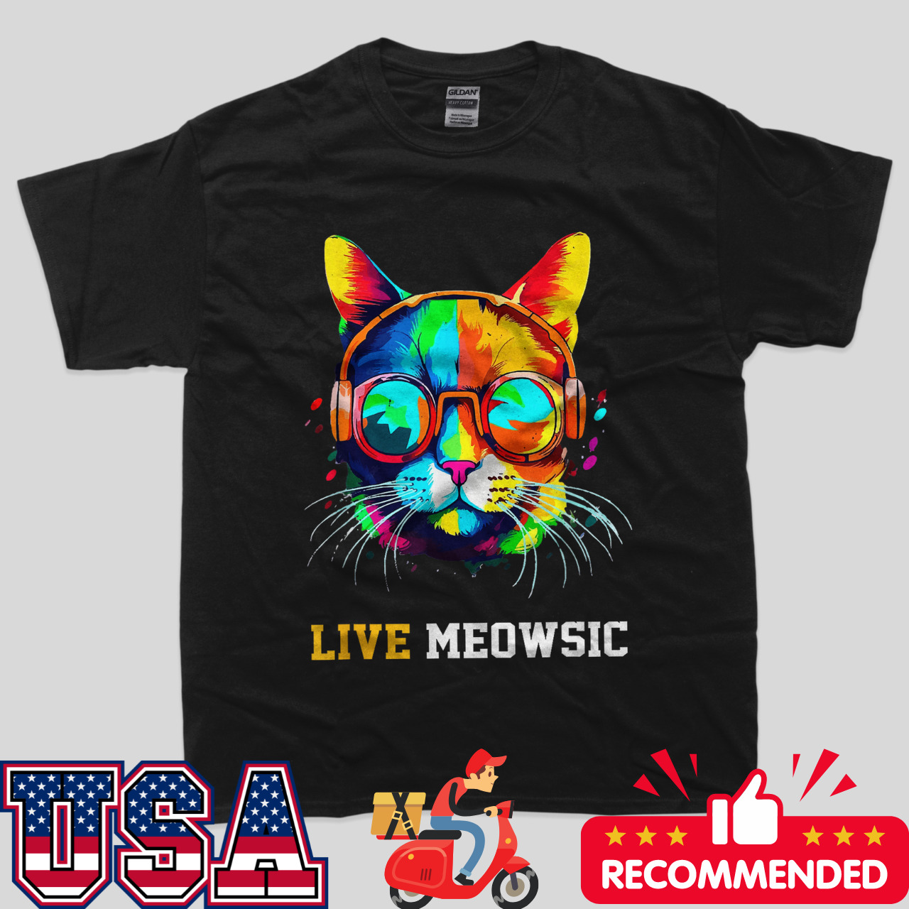 Funny Cute Cat Live Meowsic Colorful Art Cat Meme Black T-Shirt ...