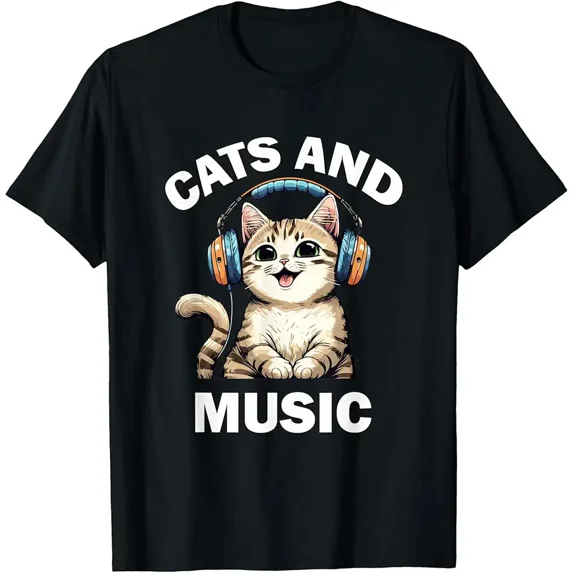 Funny Cute Cat with Headphones Music Lover Graphic Short Sleeve T-Shirt ...