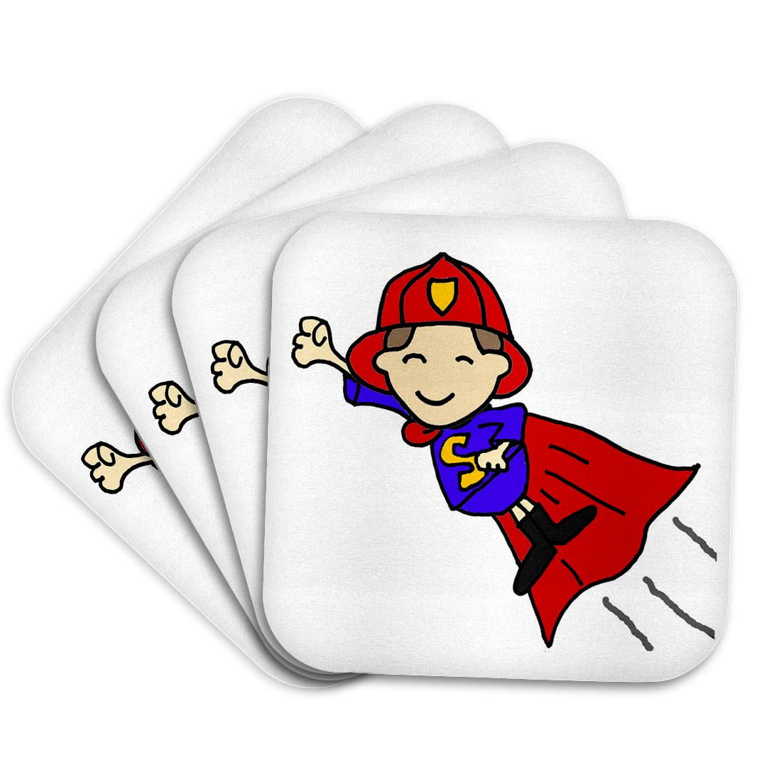 Funny Cute Fireman Superhero In Red Cape Firefighter Cartoon, set of 4 ...