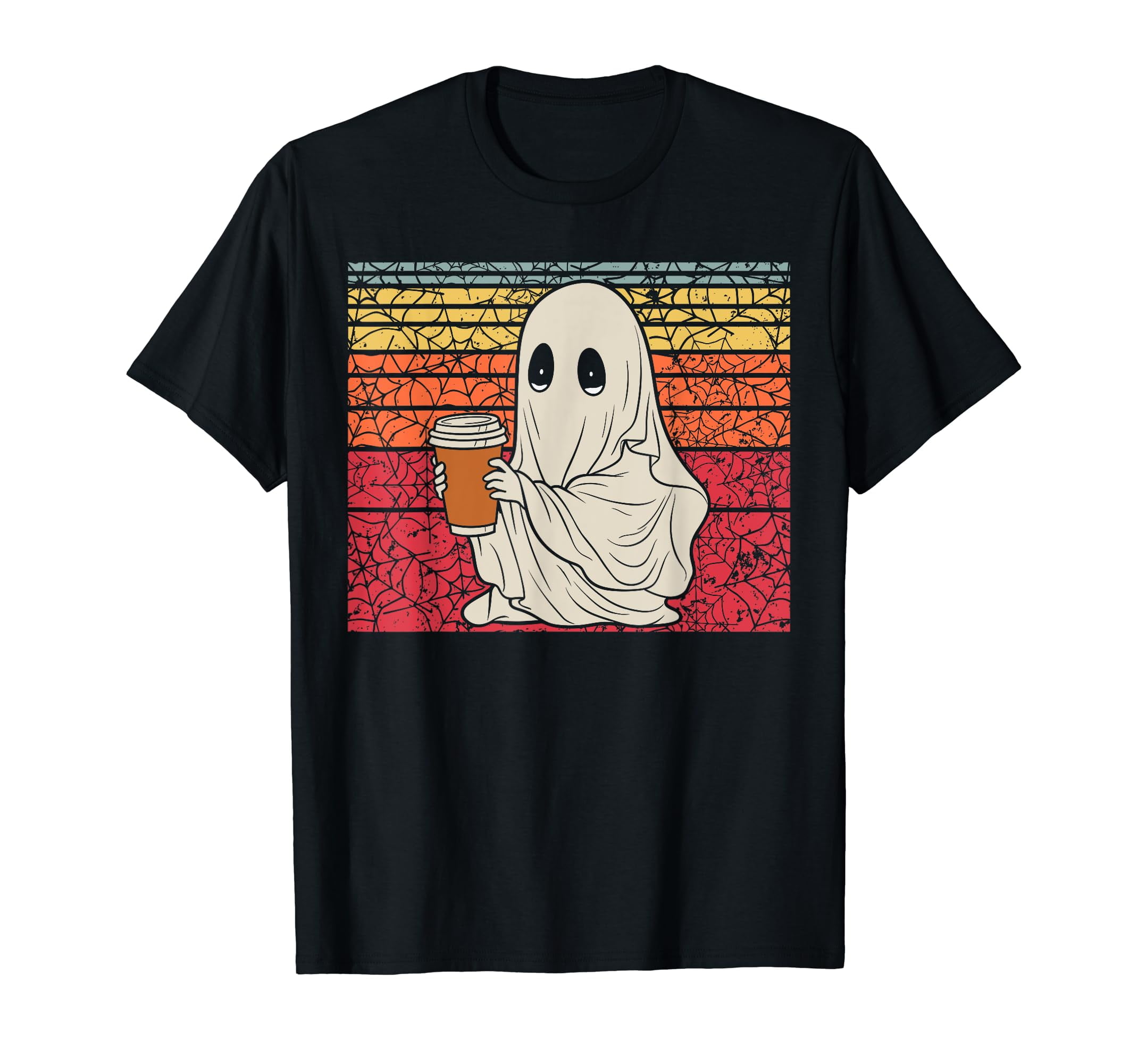 Funny Cute Ghost Drink Iced Coffee Retro Halloween Costume Black T ...