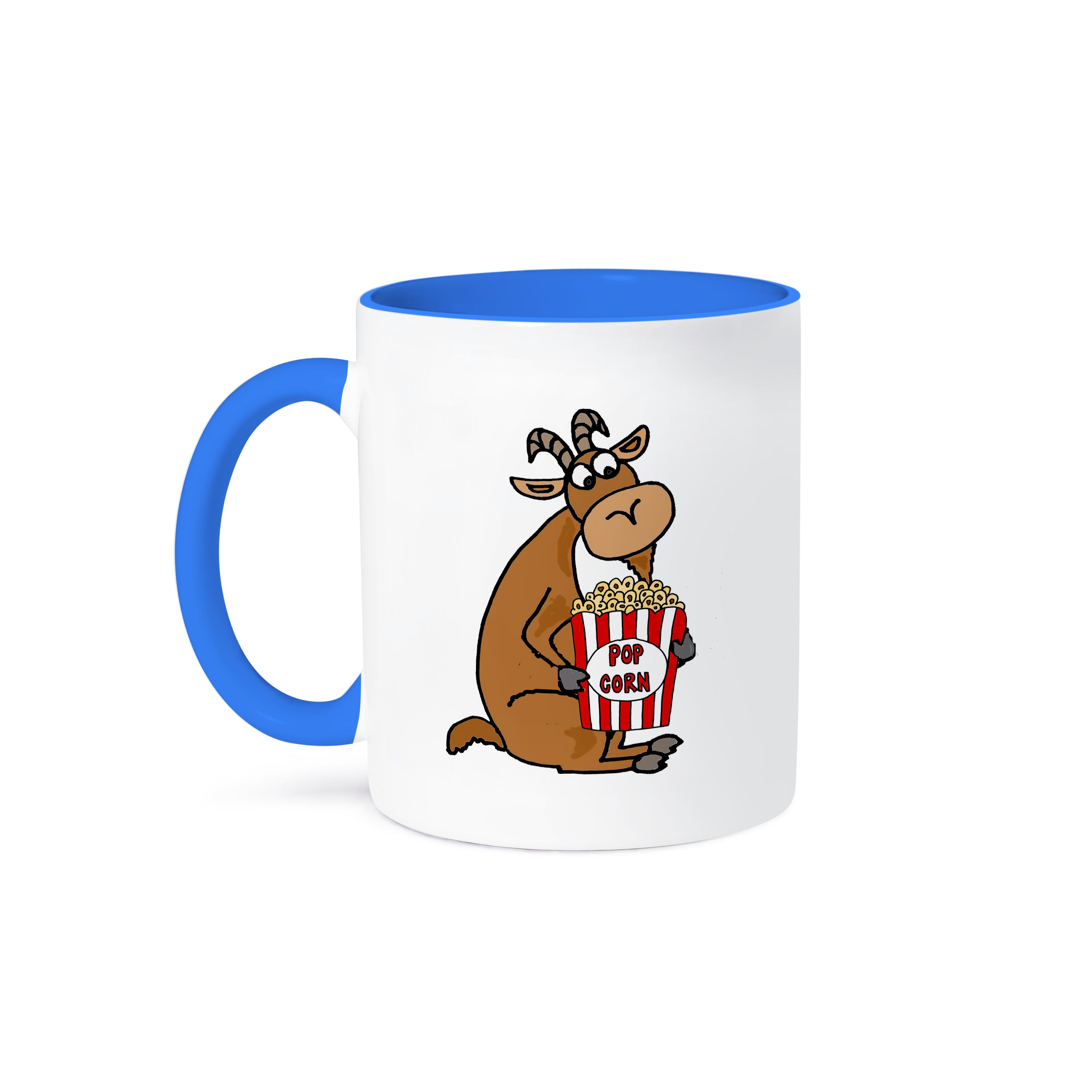 3dRose, Funny Cute Goat Eating Popcorn Cartoon, 15oz Two-Tone Blue Mug ...