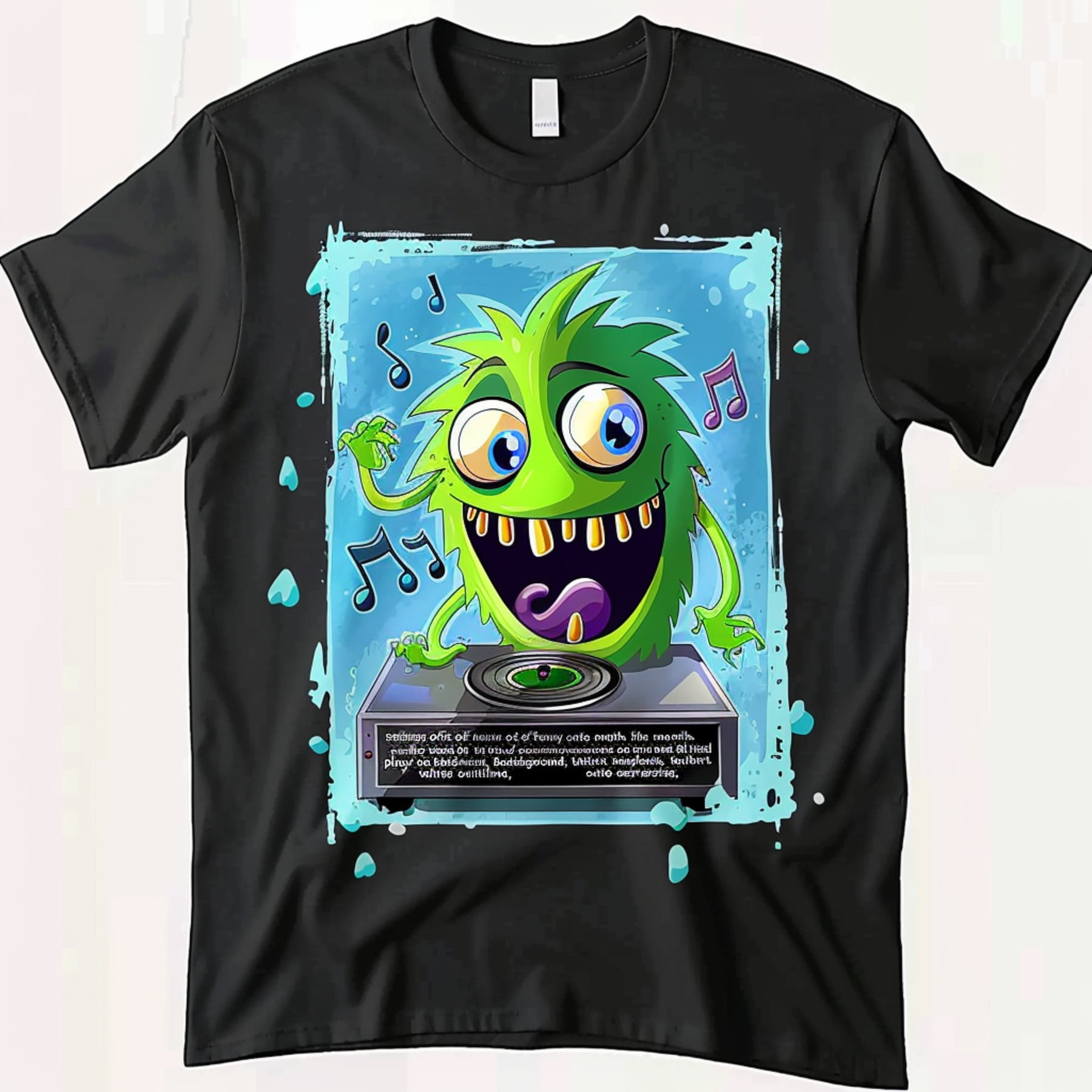 Funny Cute Monster Record Player Black TShirt Chibi Creature Vector Art ...