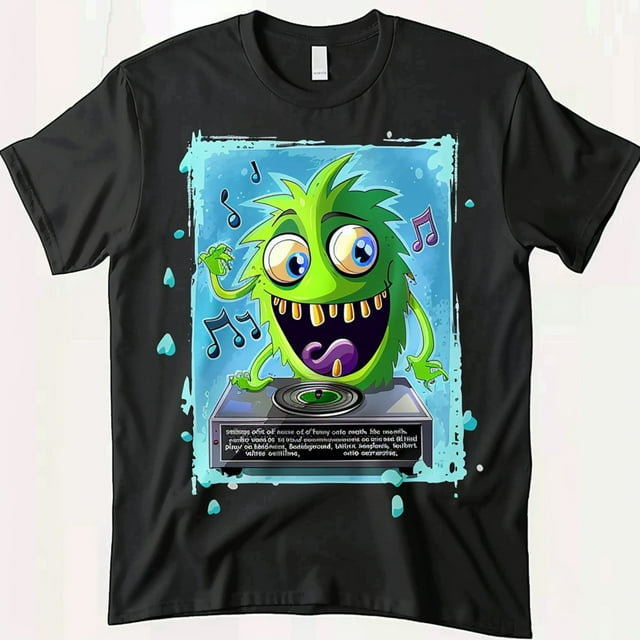 Funny Cute Monster Record Player Black TShirt Chibi Creature Vector Art ...