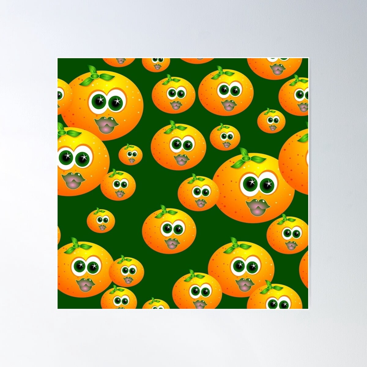 Funny Cute Orange Faces Seamless Pattern Over Green Background Poster ...
