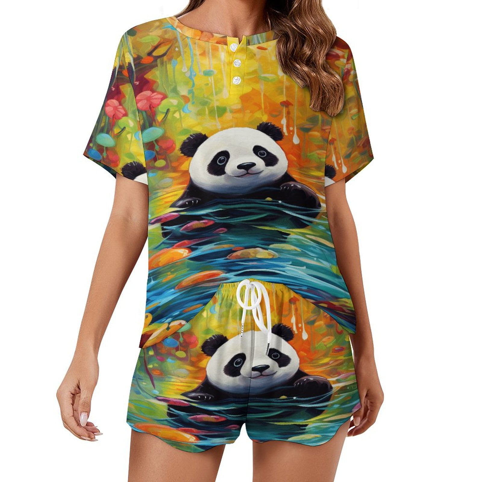 Funny Cute Panda Women's Ruffle Short Sleeve Tops And Shorts Cute Peeps ...