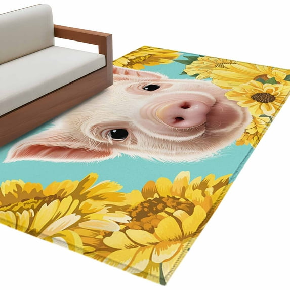 Funny Cute Pig Area Rug 2.7x5ft Farm Animal Yellow Sunflowers Teal ...