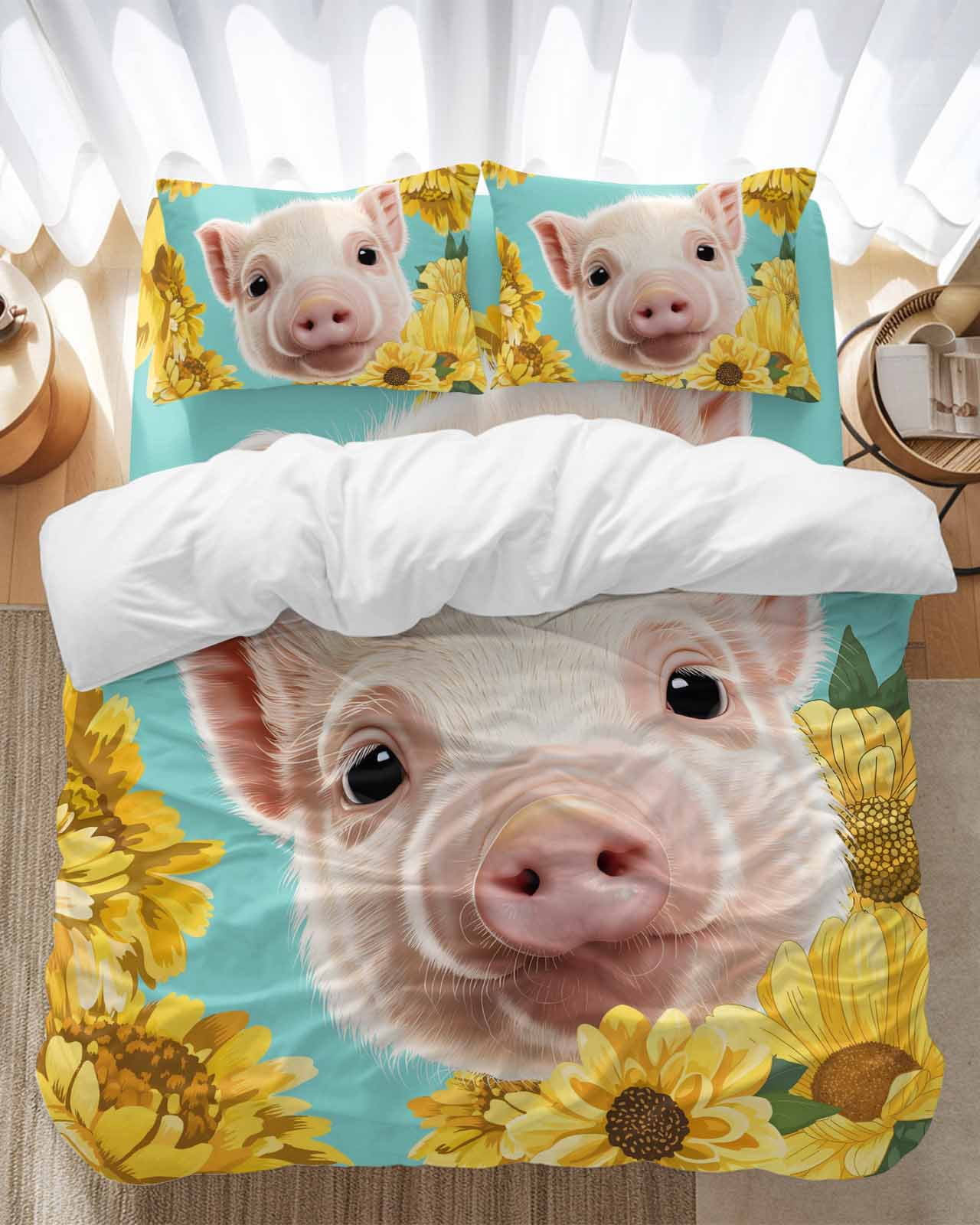 Funny Cute Pig Bedding Duvet Cover Set King Size 4 Pieces Farm Animal ...