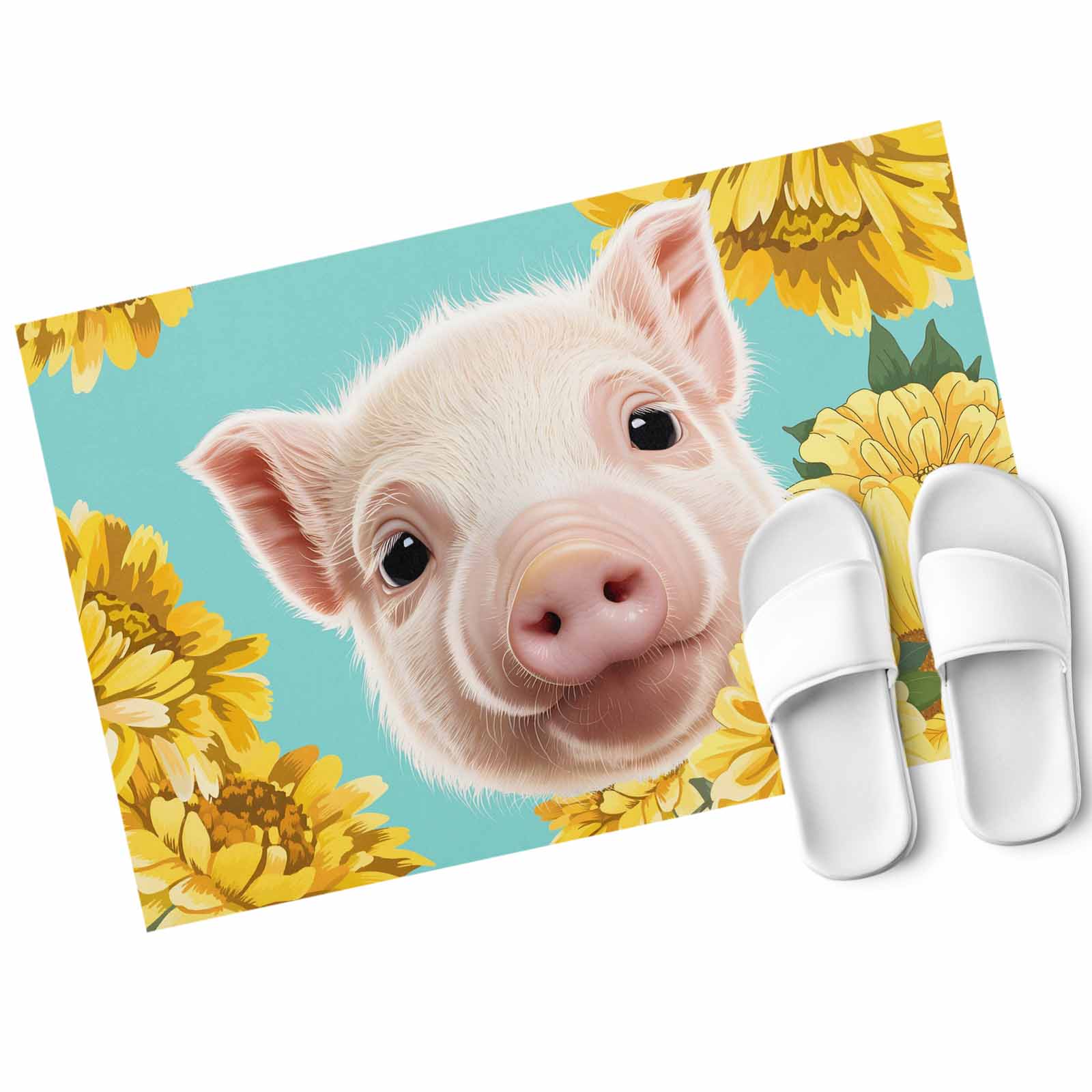 Funny Cute Pig Door Mat Farm Animal Yellow Sunflowers Teal Pastoral Non ...