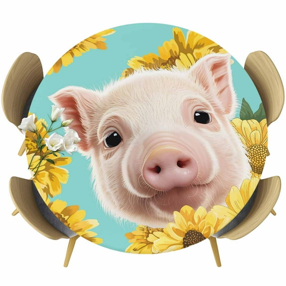 Funny Cute Pig Round Fitted Tablecloth with Elastic Edge, Farm Animal ...