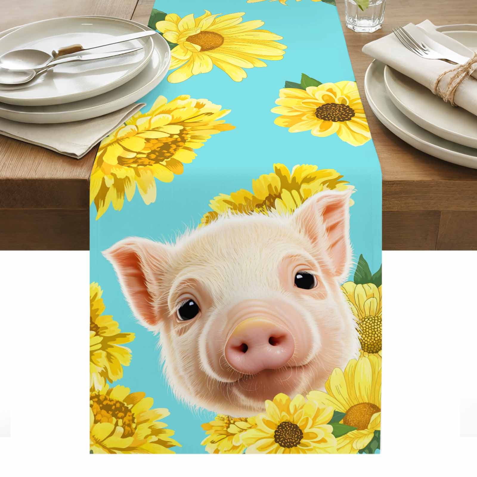 Funny Cute Pig Table Runner 13 x 70 Inch, Farm Animal Yellow Sunflowers ...
