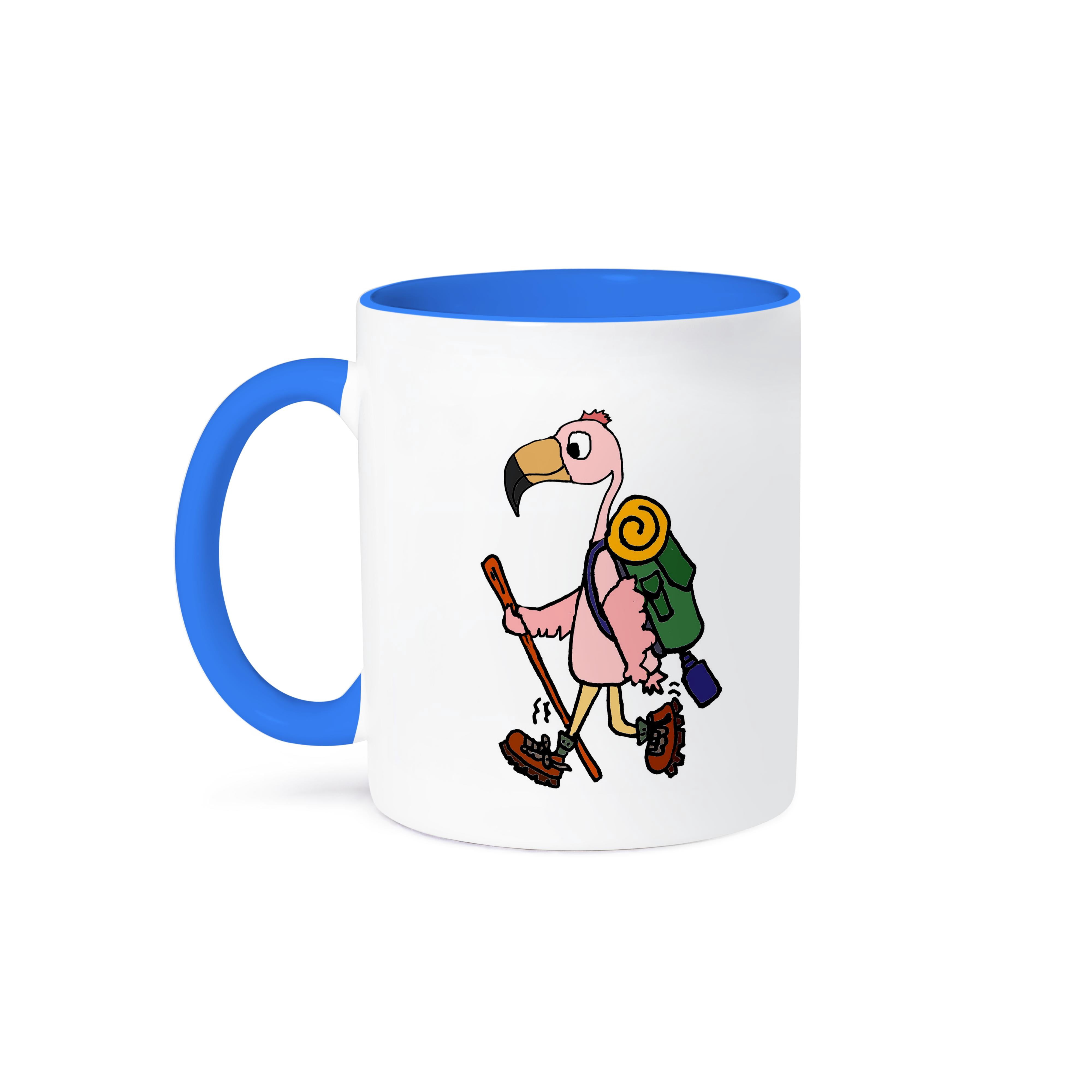 3dRose, Funny Cute Pink Flamingo Bird Hiking Cartoon, 15oz Two-Tone ...