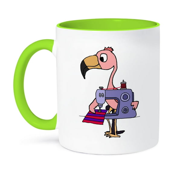 Funny Cute Pink Flamingo Using Sewing Machine Cartoon, 15oz Two-Tone ...