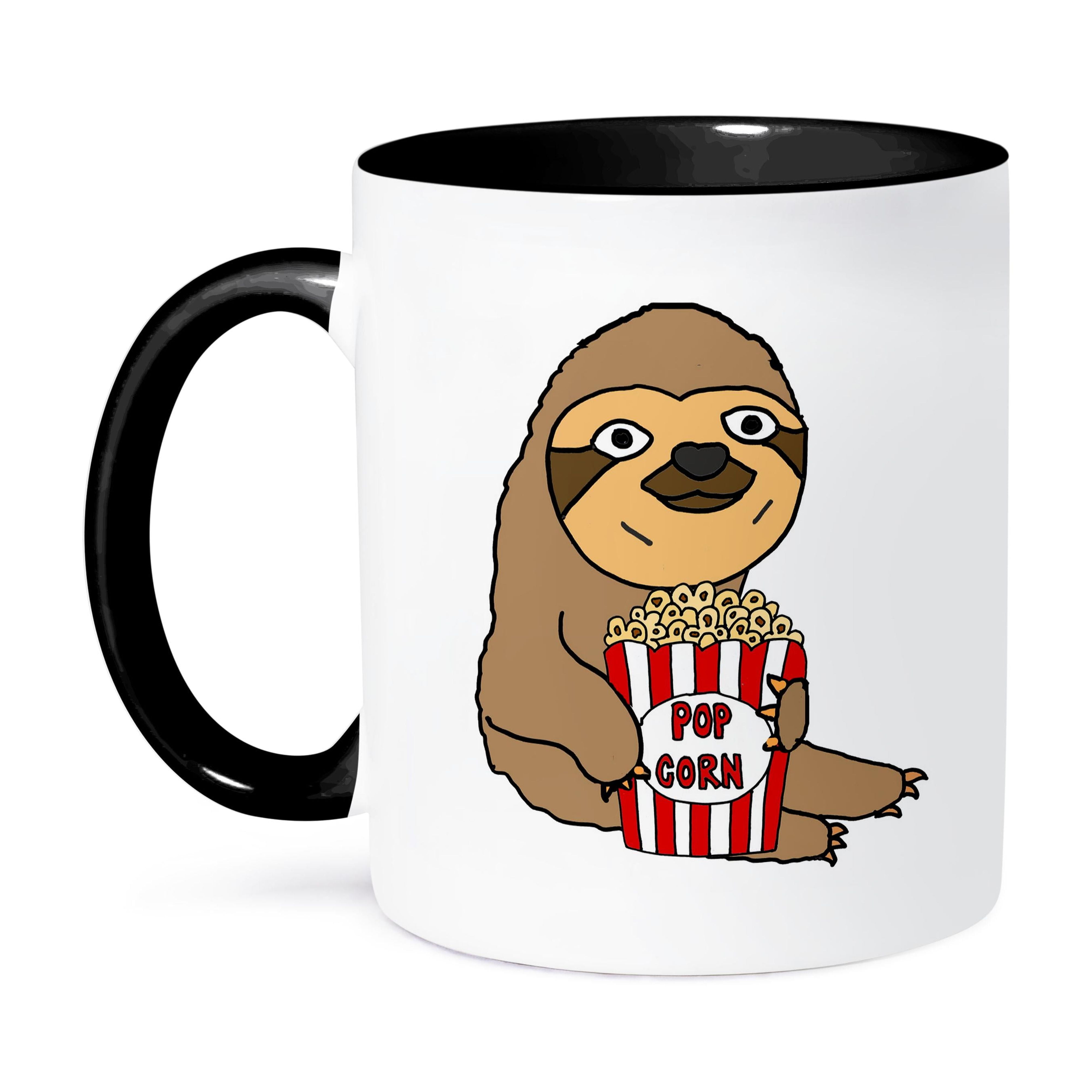 3dRose, Funny Cute Sloth Eating Popcorn Cartoon, 15oz Two-Tone Black ...