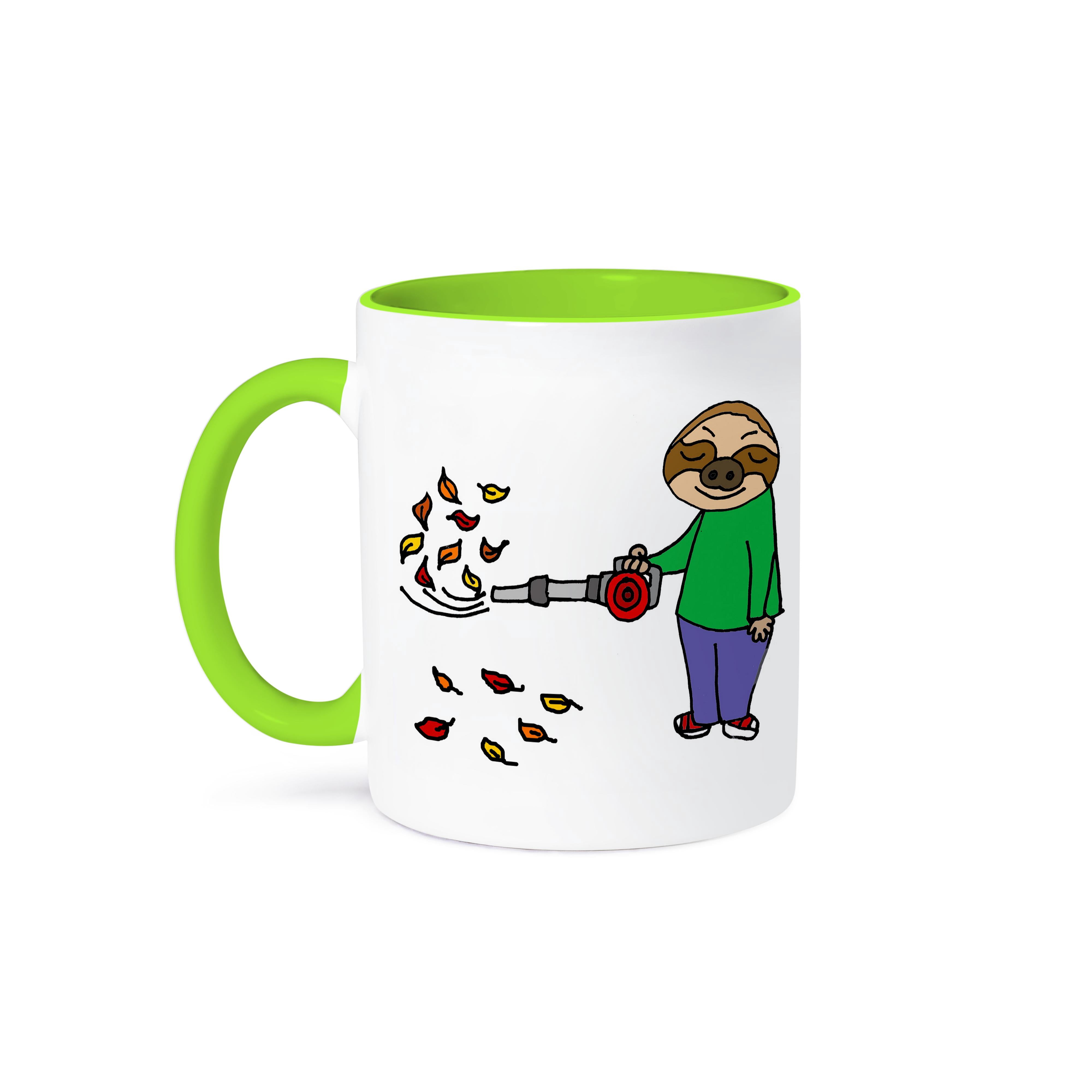 Funny Cute Sloth Using Leaf Blower Cartoon, 15oz Two-Tone Green Mug ...