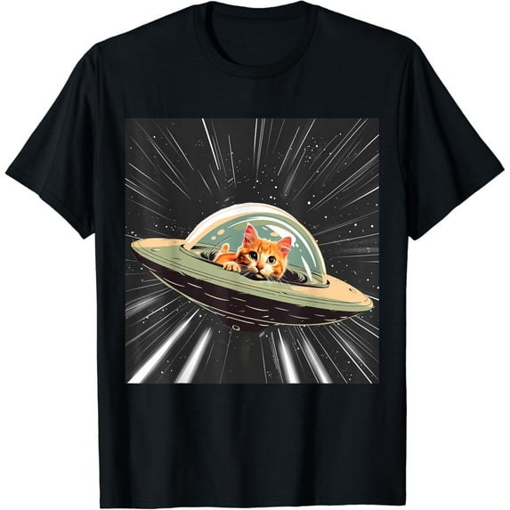 Funny Cute Space Cosmic Cat in UFO Flying Saucer T-Shirt - Walmart.com