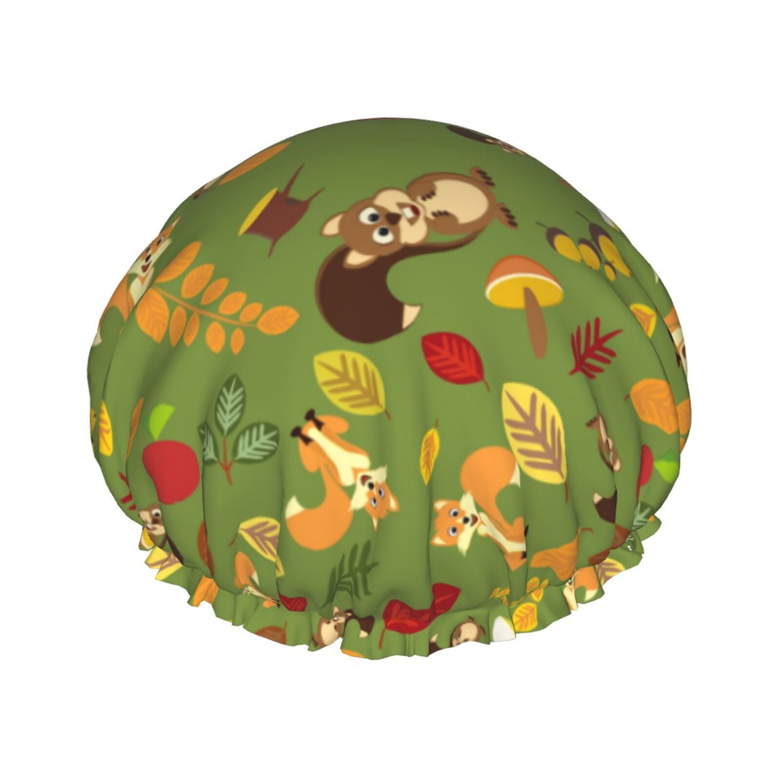 Funny Cute Squirrel Fox Green Shower Cap for Women, Double Waterproof ...