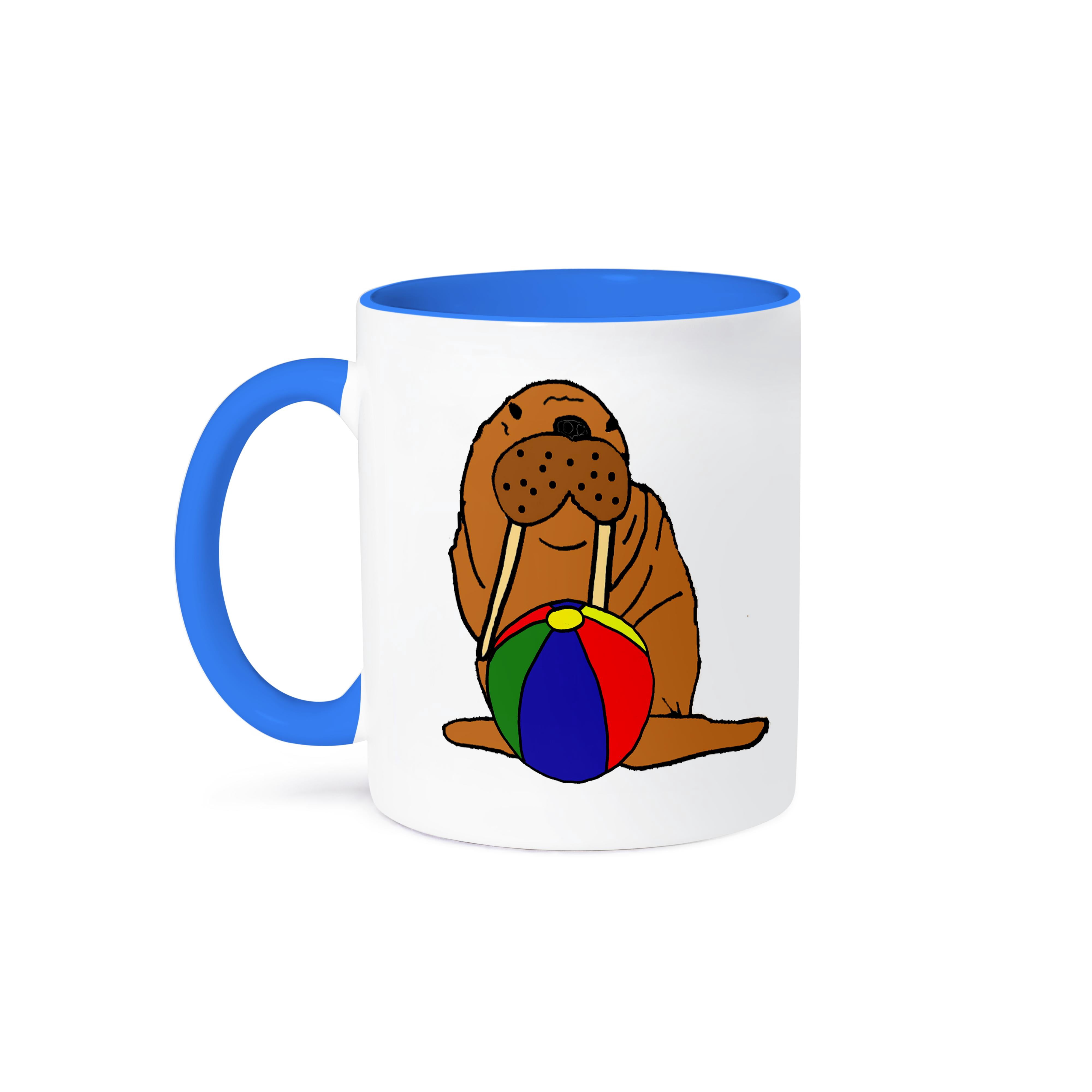 Funny Cute Walrus With Colorful Beach Ball, 11oz Two-Tone Blue Mug ...