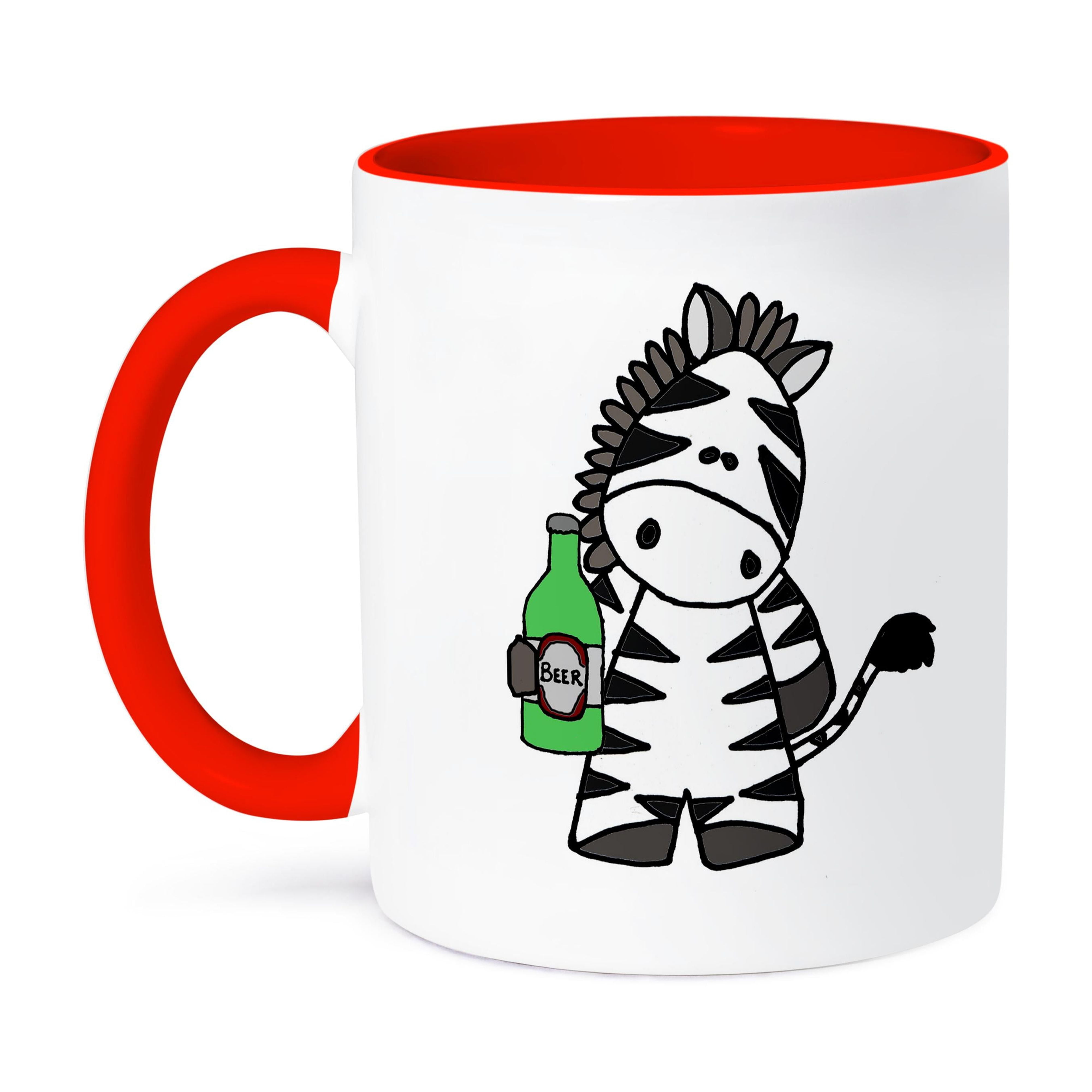 3dRose, Funny Cute Zebra Drinking Beer Cartoon, 15oz Two-Tone Red Mug ...