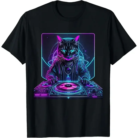 Funny Cyberpunk Cat DJ Graphic for Men Women Neon Aesthetic Short ...