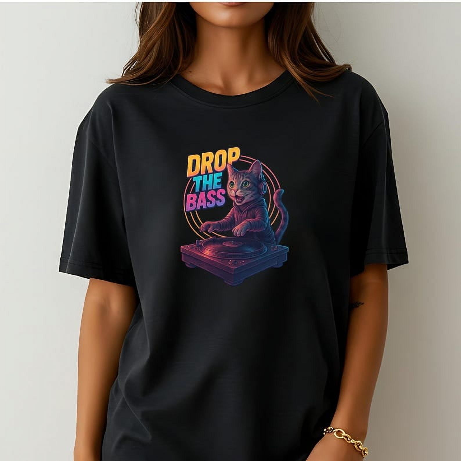 Funny DJ Cat Shirt Drop The Bass Turntable Kitty Neon Music Graphic EDM ...