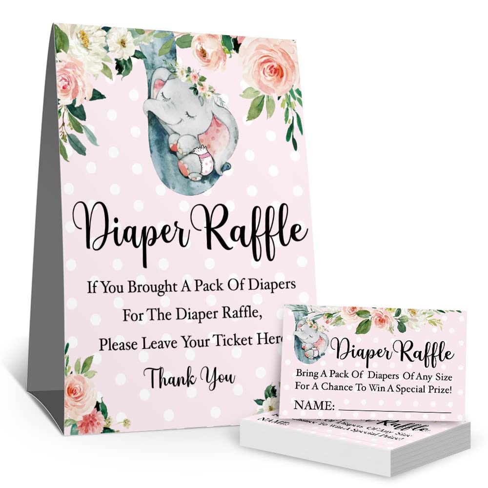 Funny Diaper Raffle Baby Shower Game Cards, Pink Elephant Floral Baby ...