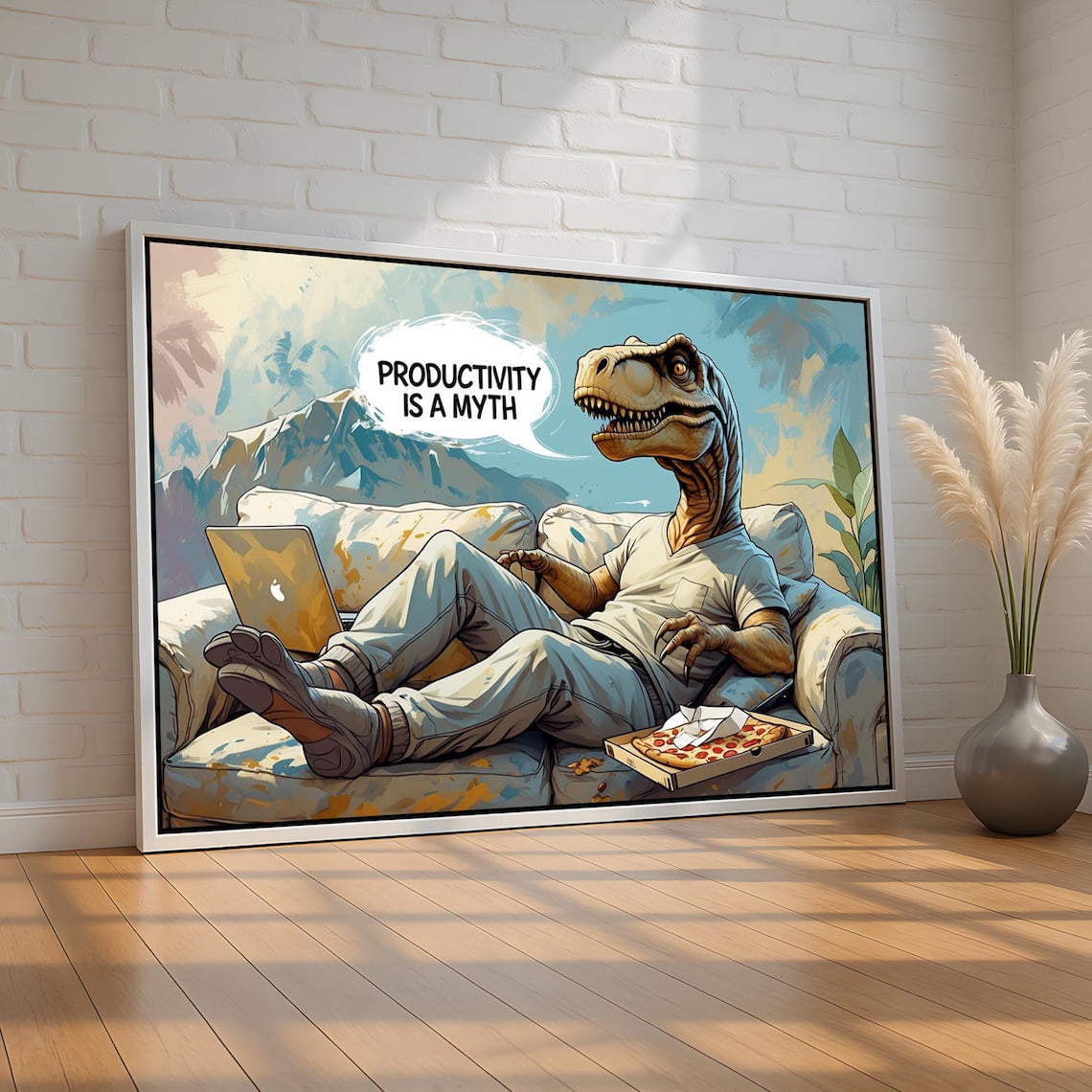 Funny Dinosaur Canvas & Poster | Productivity Is A Myth Humor Art | T ...