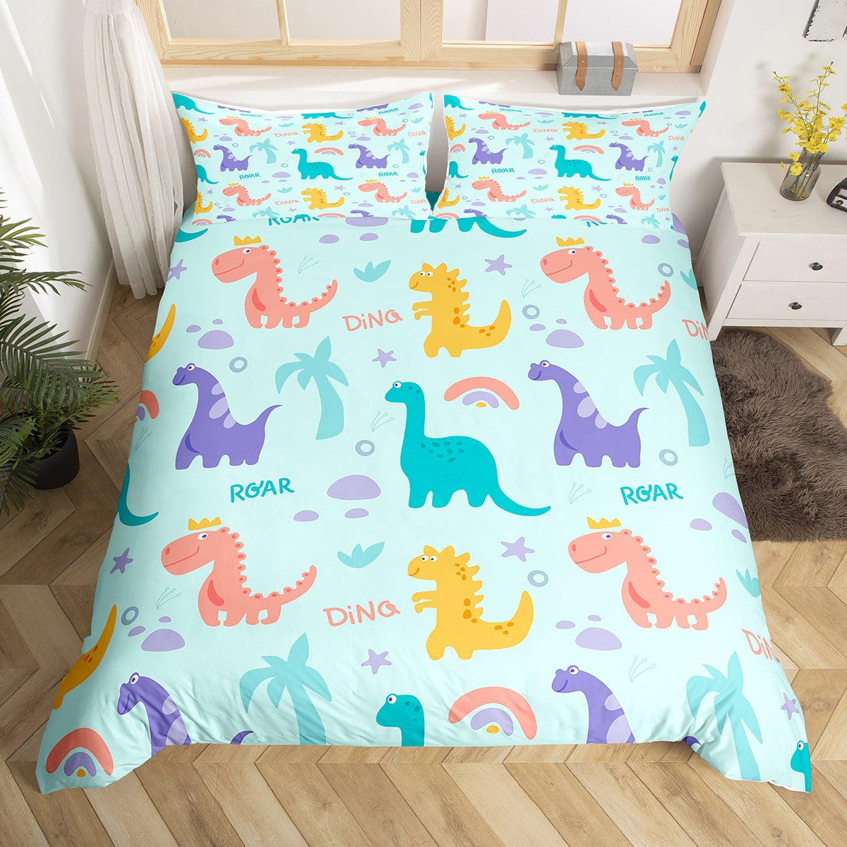 Funny Dinosaur Comforter Cover Cartoon Dino Bed Set, Rainbow Stars Duvet Cover Tropical Palm ...