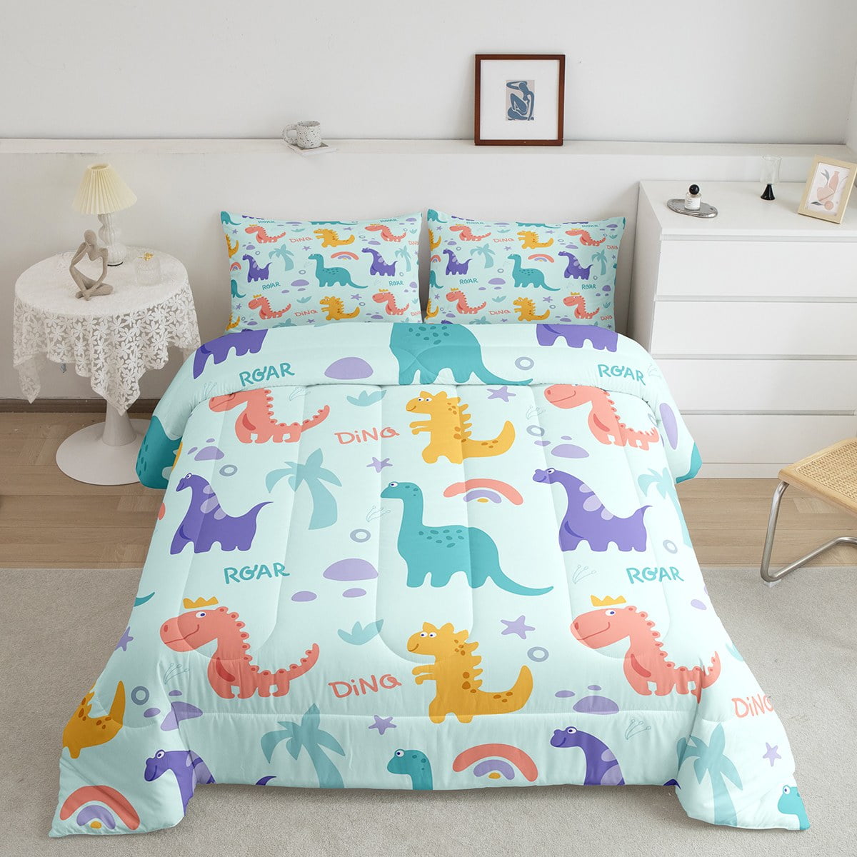 Funny Dinosaur Comforter Set Queen Cartoon Dino Bedding Set, Rainbow Stars Bedding Comforter ...