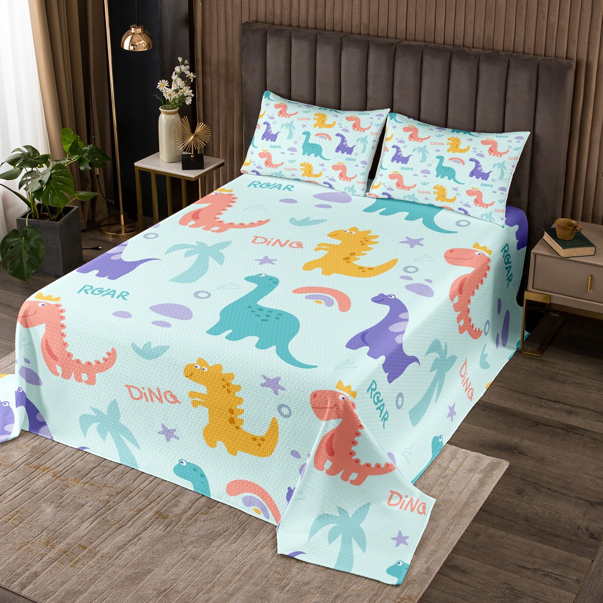 Funny Dinosaur Coverlet King Size Cartoon Dino Bedding Set, Rainbow Stars Bedspread Set Tropical ...