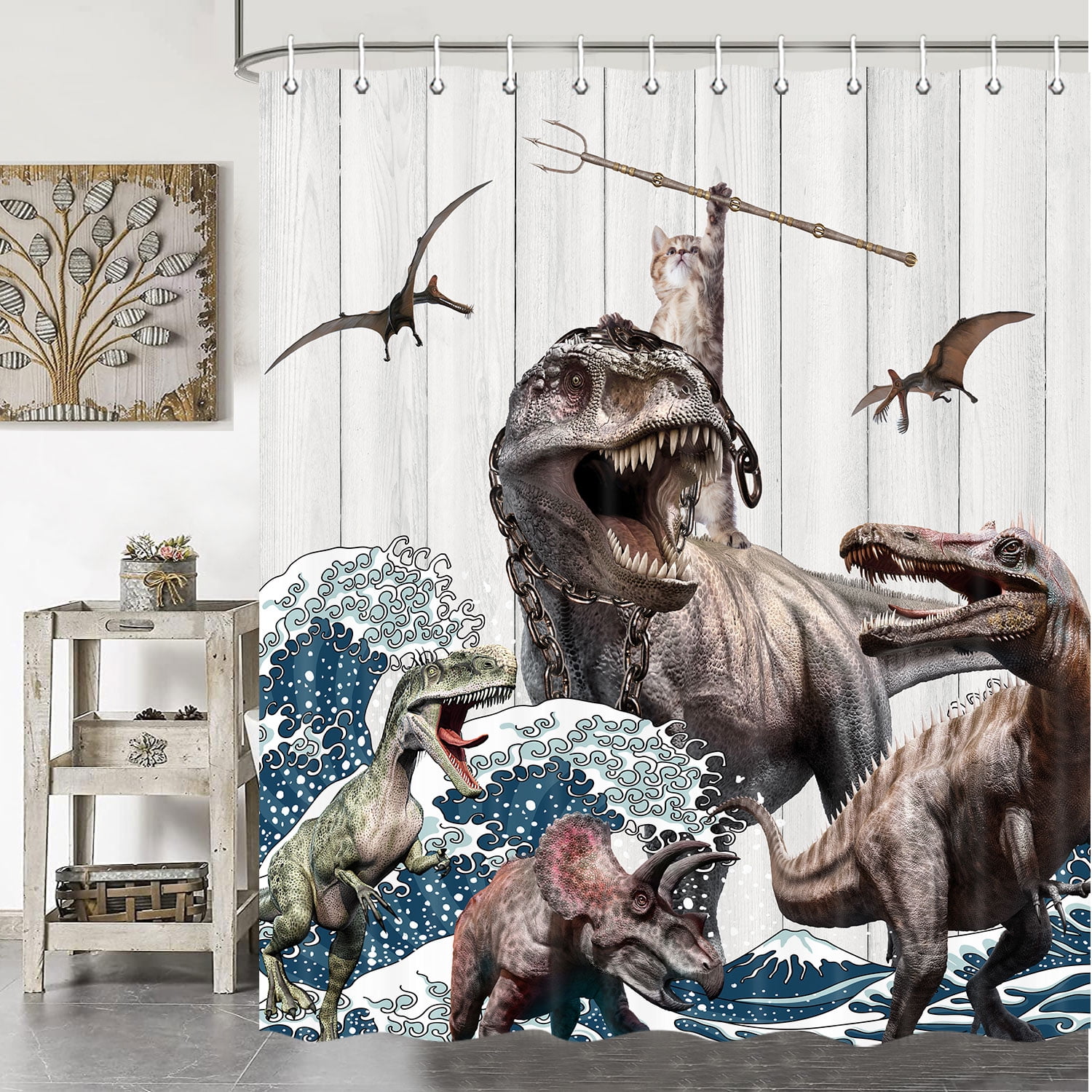 Funny Dinosaur Kids Shower Curtain, Cute Cat Riding Dinosaur Shower ...