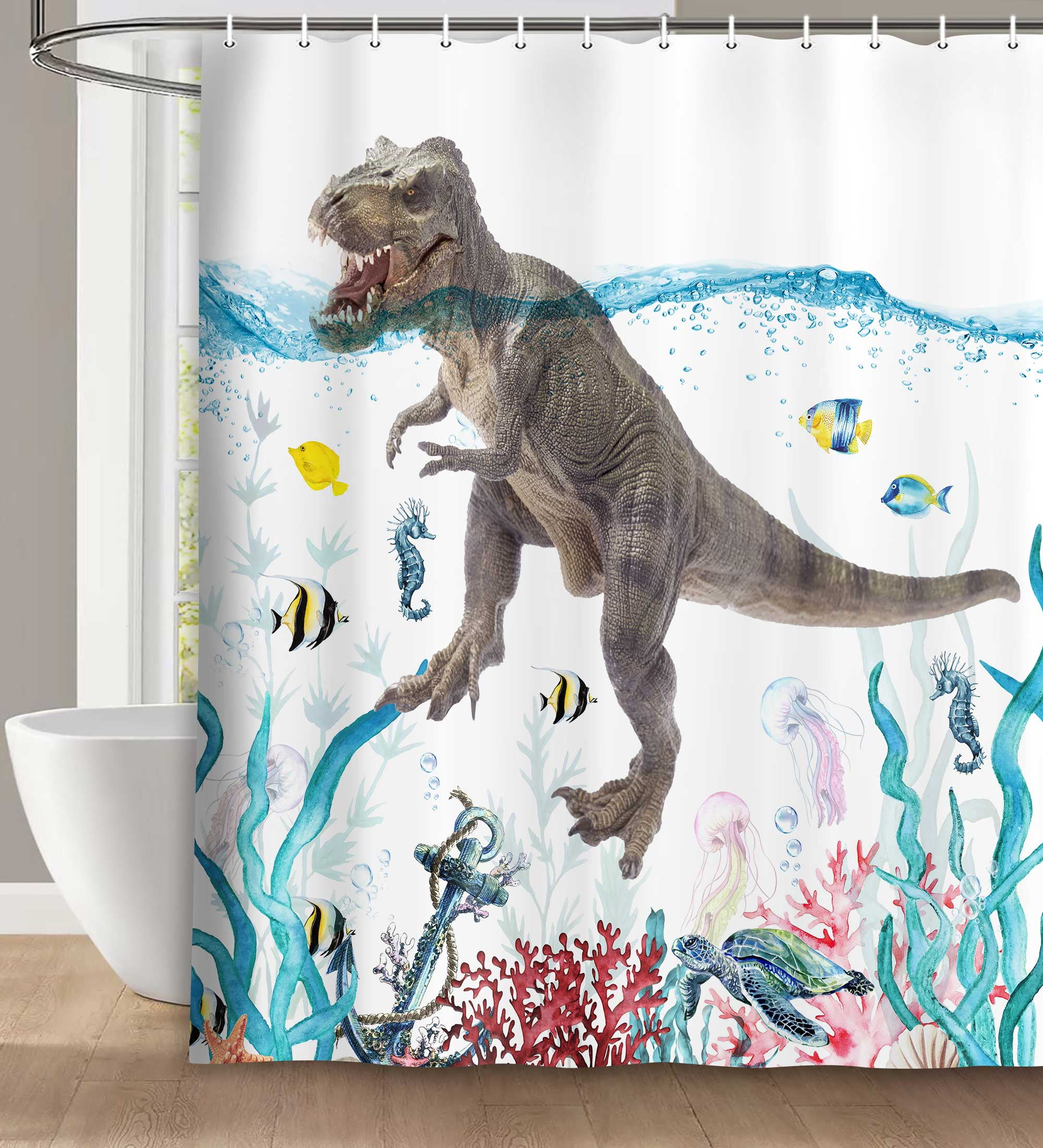 Funny Dinosaur Shower Curtain, Blue Sea Ocean Beach Waterproof Fabric ...