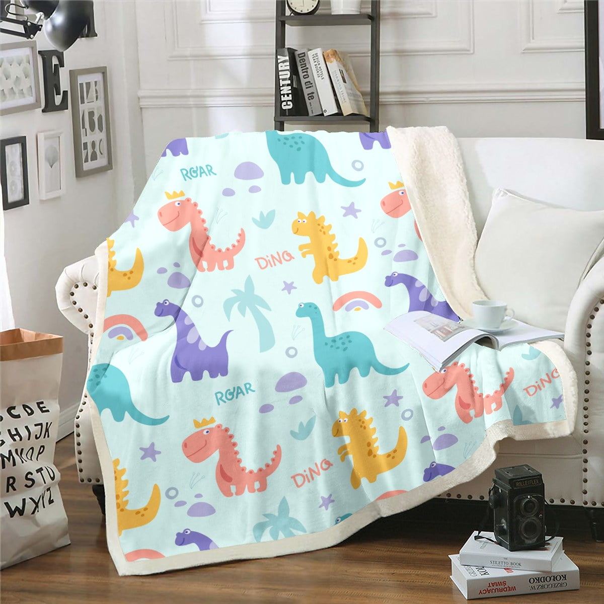 Funny Dinosaur Throw Blanket for Couch Cartoon Dino Sherpa Blanket ...