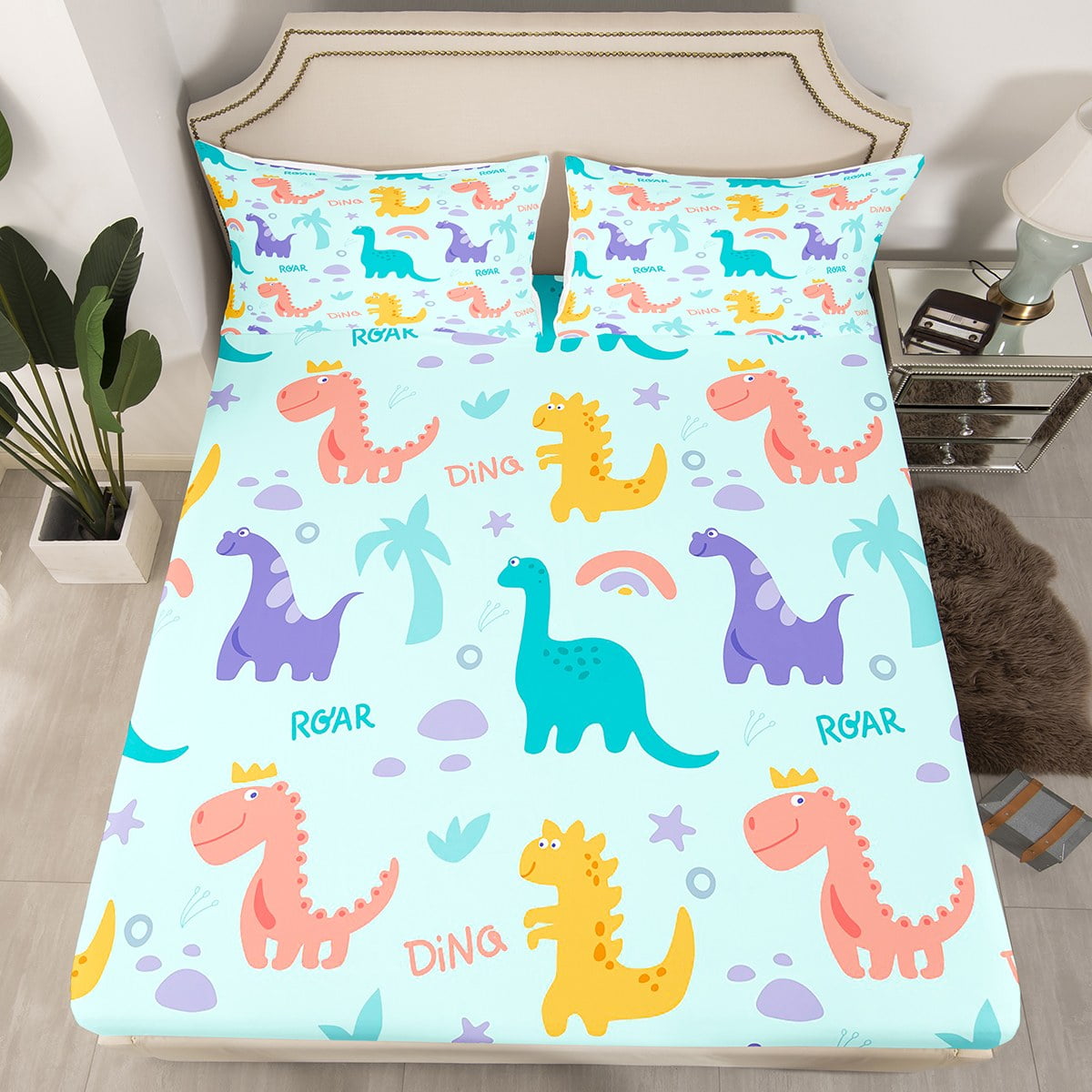 Funny Dinosaur Twin Fitted Sheet Cartoon Dino Sheets, Rainbow Stars Bed Sheets Tropical Palm ...