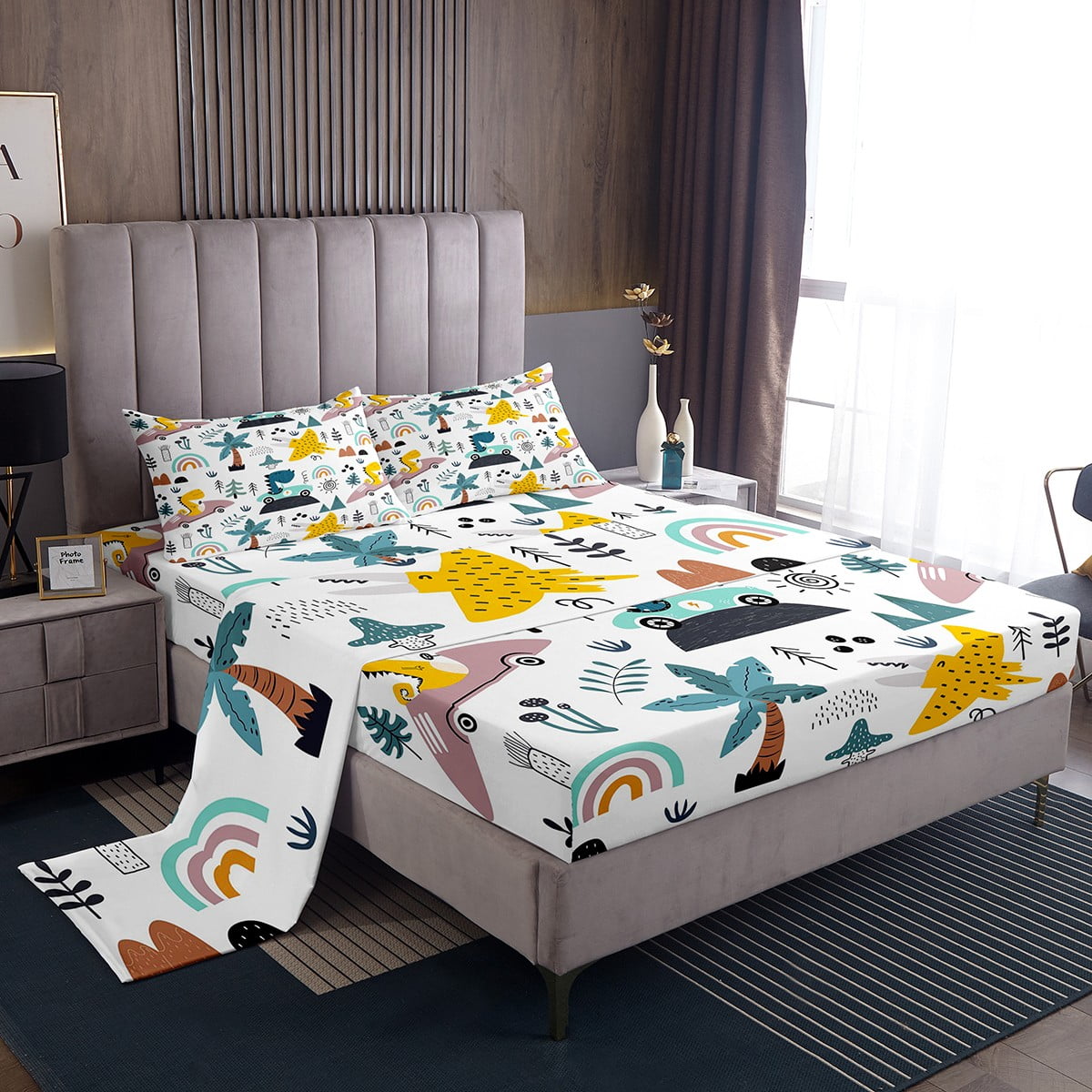 Funny Dinosaur Twin Sheets Cartoon Car Bed Set, Kawaii Rainbow Bed ...