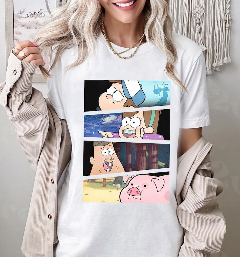 Funny Disny Gravity Falls Group Shot Split Panels Scene Logo T-Shirt ...