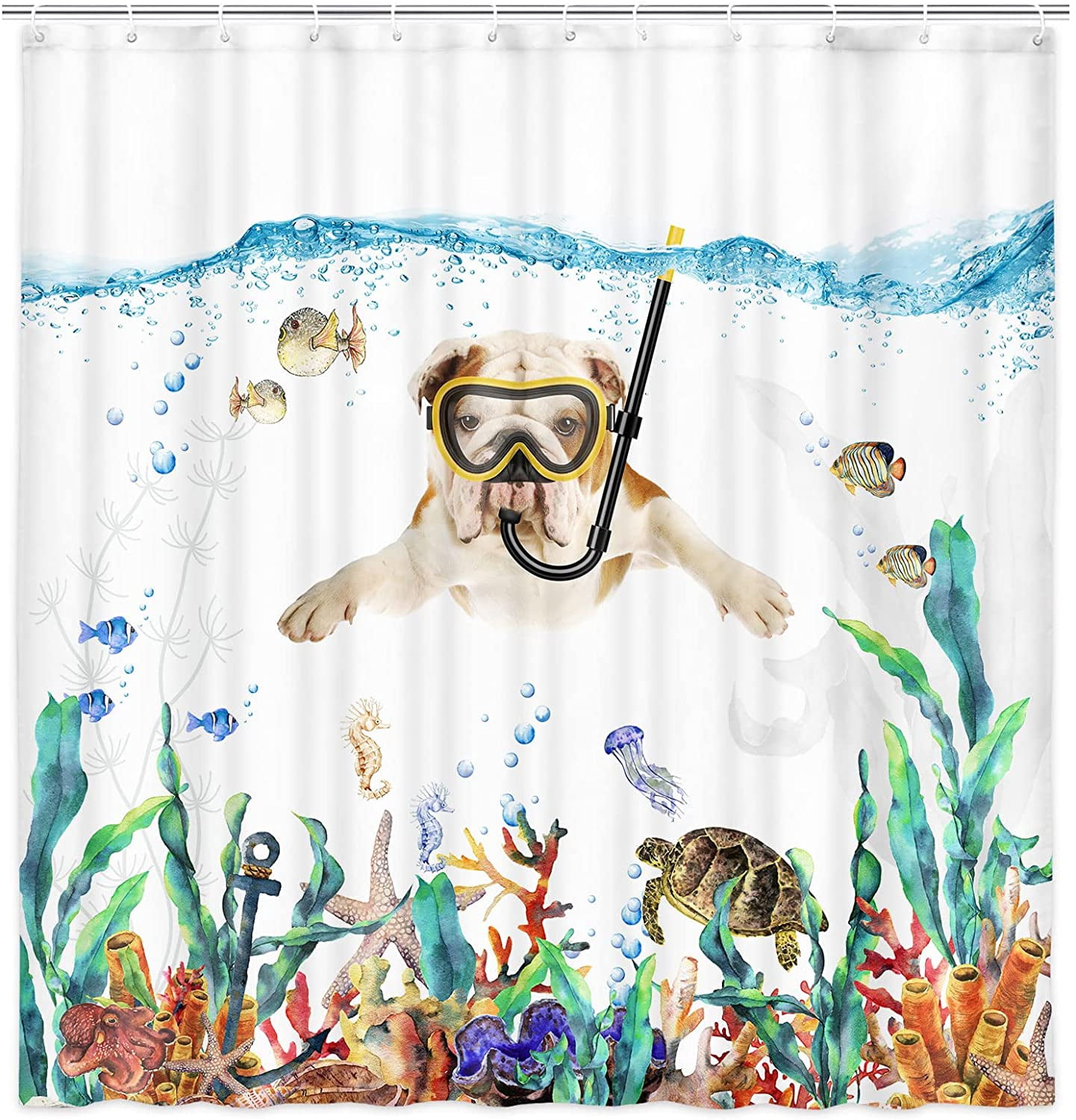 Funny Diving English Bulldog Fabric Shower Curtain, Coral Reef Fish ...