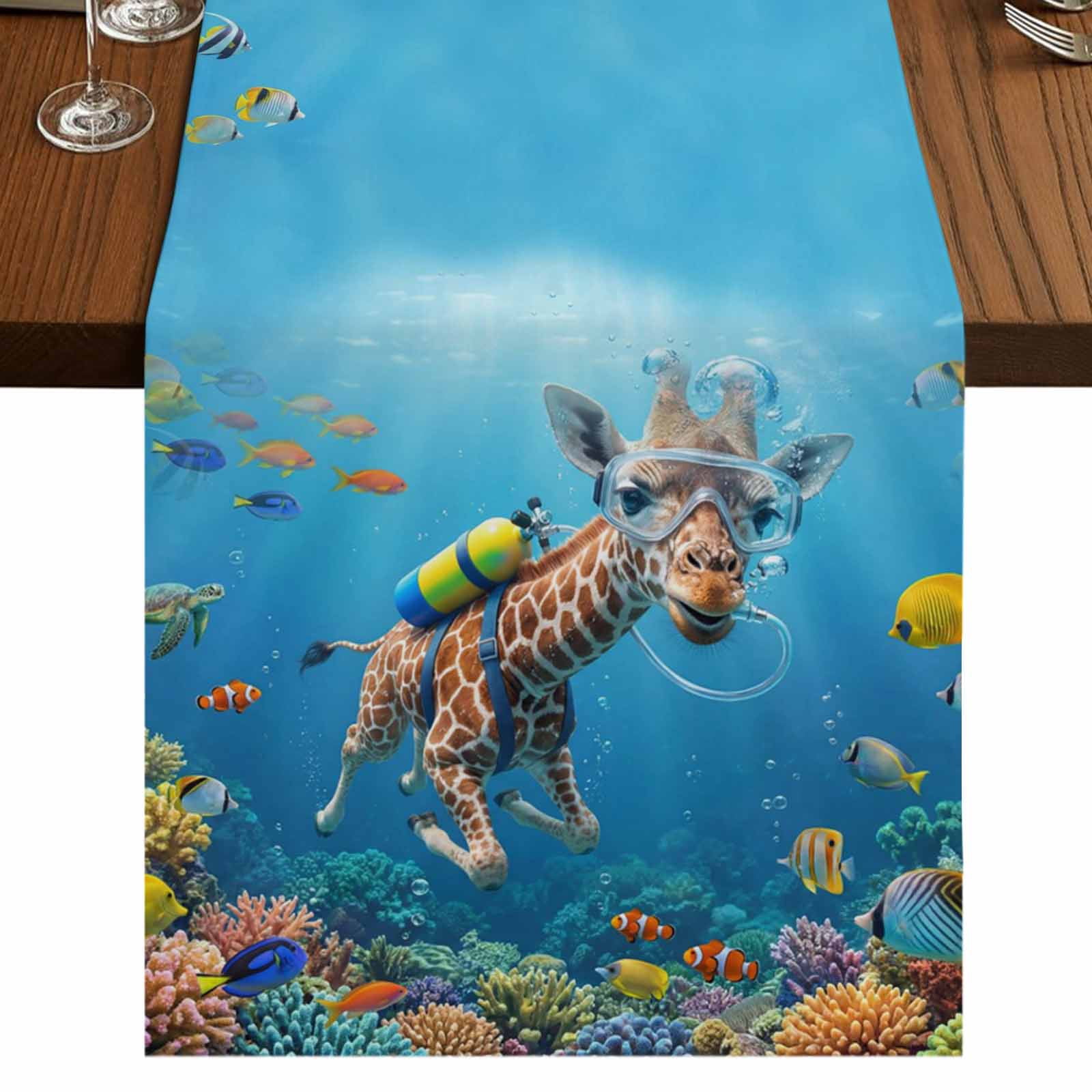 Funny Diving Giraffe Burlap Cotton Table Runner 13x90 Inches Long ...