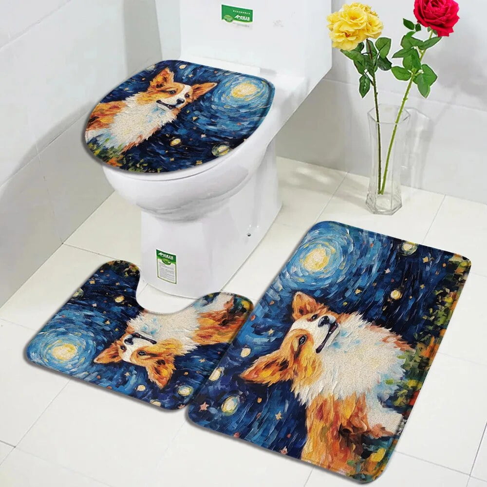 Funny Dog Bath Mat Set Cute Cartoon Animal Blue Starry Sky Oil Painting ...