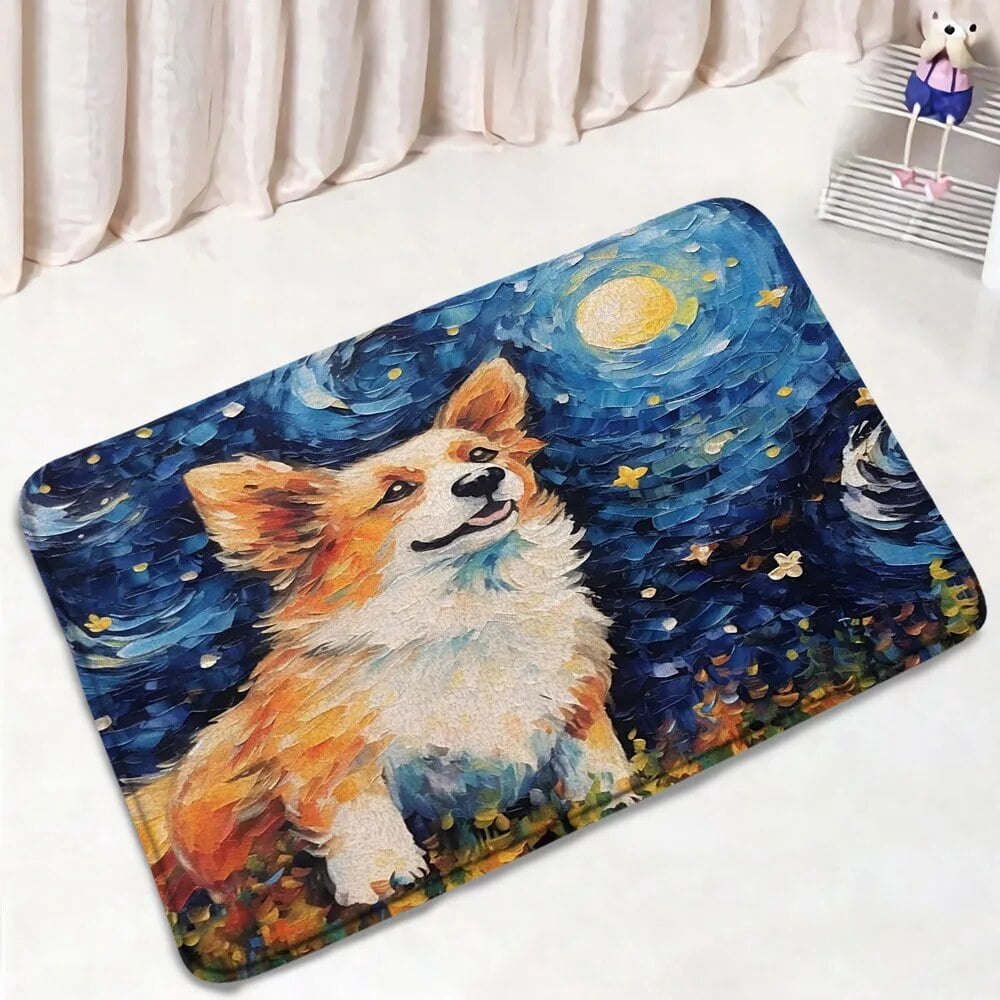 Funny Dog Bath Mat Set Cute Cartoon Animal Blue Starry Sky Oil Painting ...