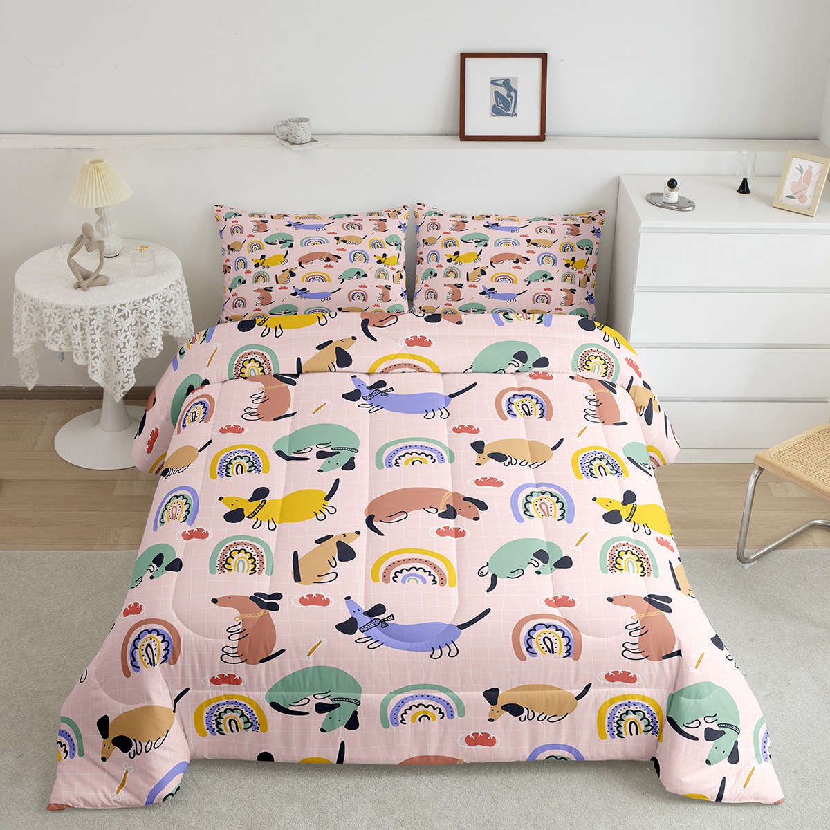 Funny Dog Comforter King Rainbow Bedding Set, Cartoon Dachshund Down ...