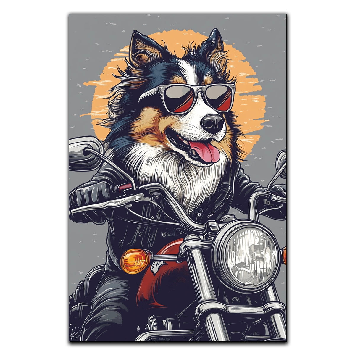 Funny Dog Poster Wall Art Collie Dog Riding A Motorcycle Vintage Poster ...