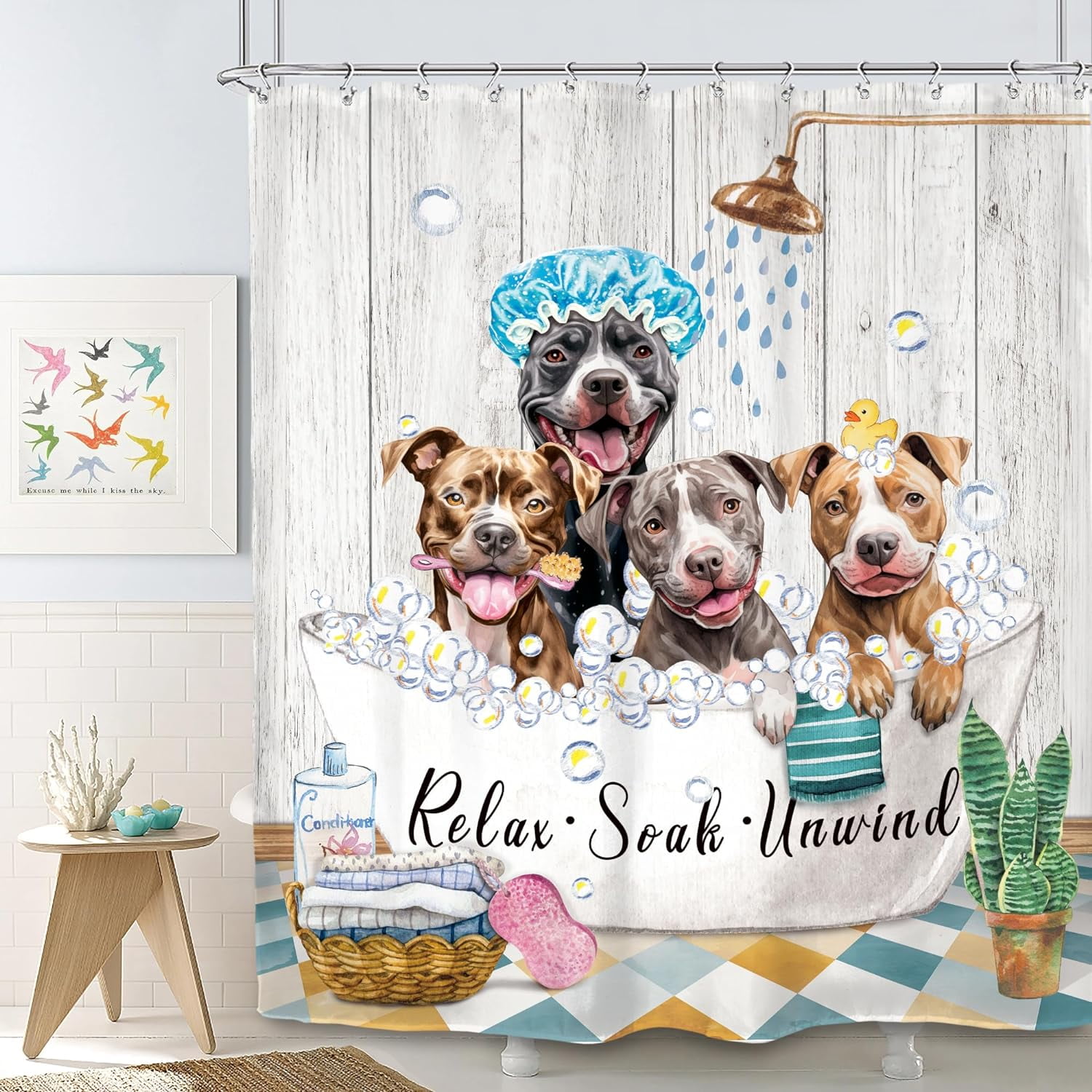 Funny Dog Shower Curtain 60Wx72L Inch Vintage Cute Animals Farmhouse ...